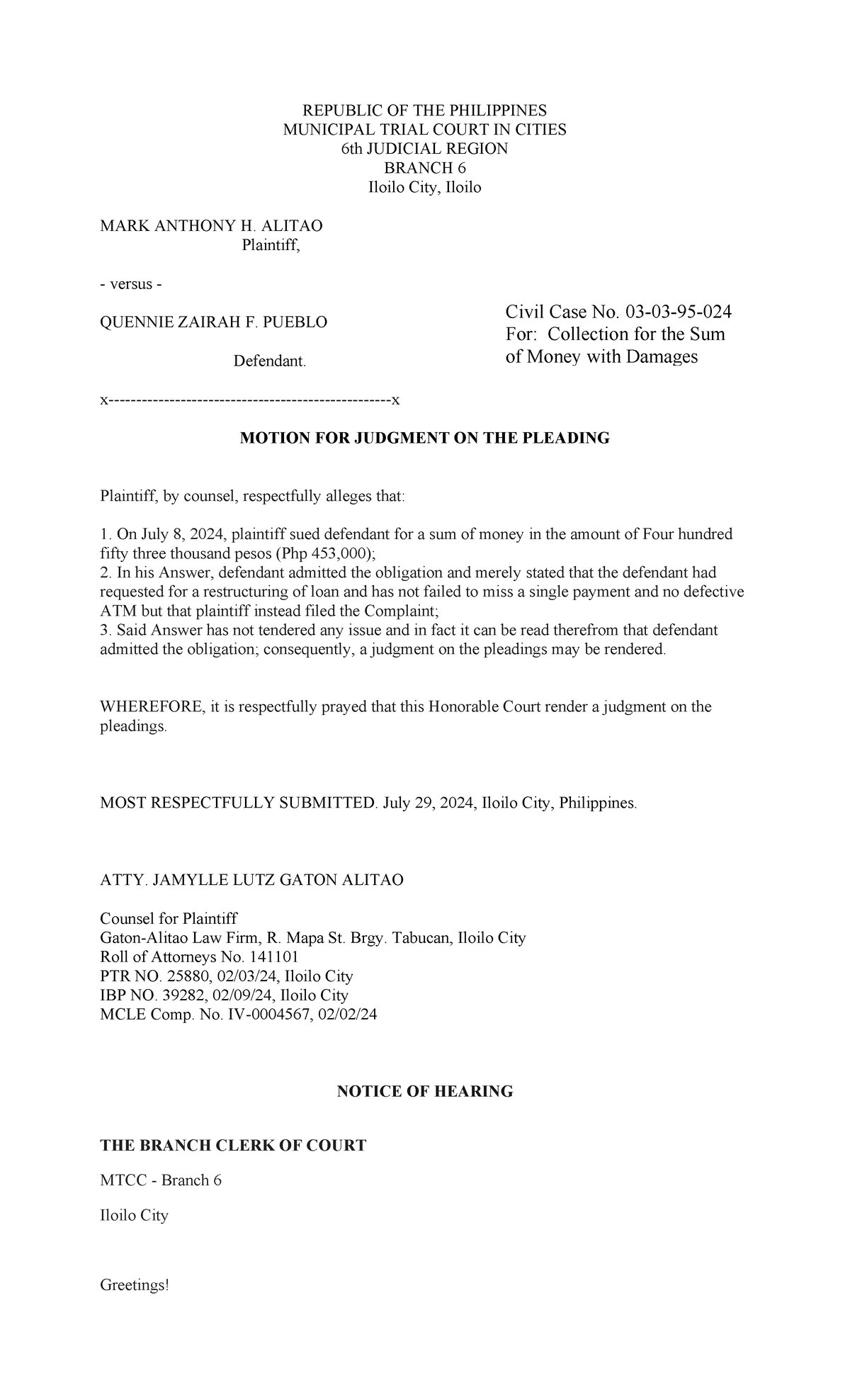 Motion for Judgment on Pleading Alitao - REPUBLIC OF THE PHILIPPINES ...