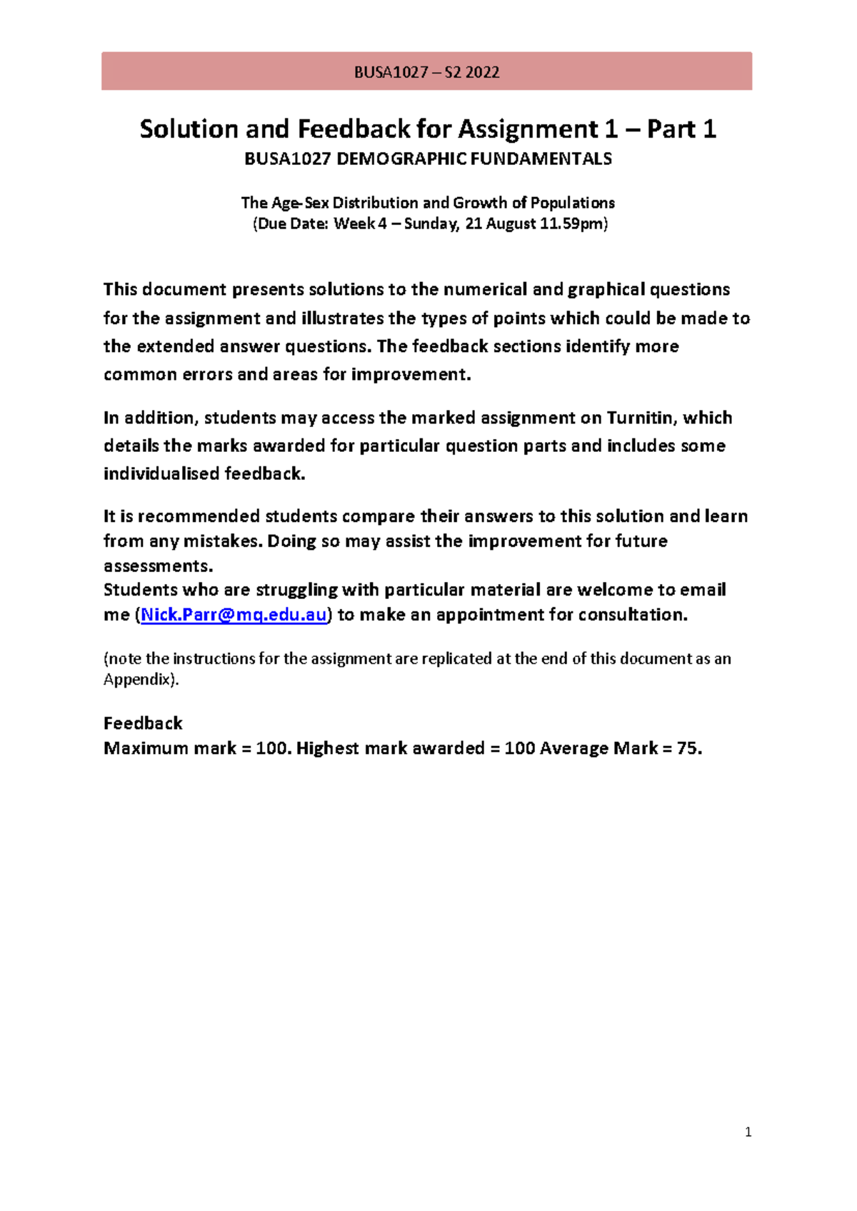 2022 Semester 2 Assignment 1 Part 1 Solution and Feedback - Solution and Feedback for Assignment ...