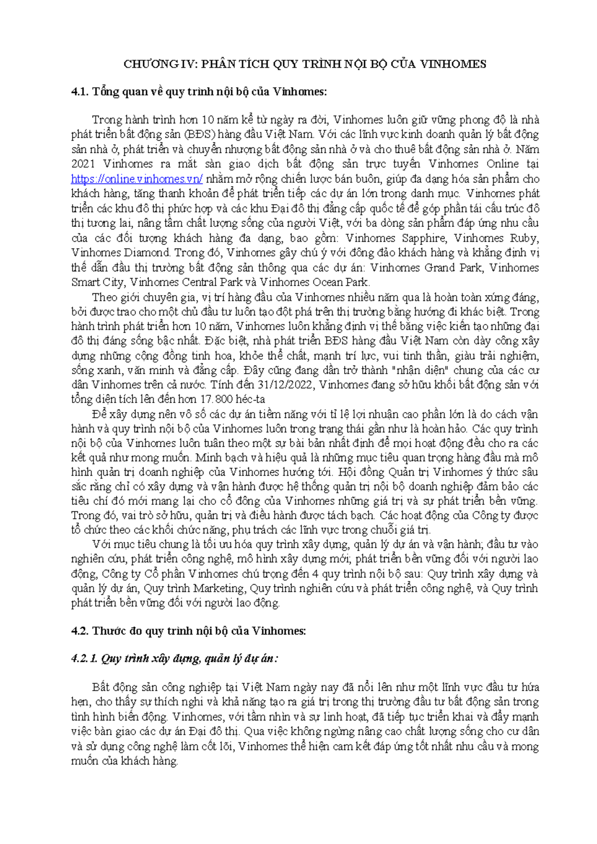 BTL PTKD - none - CHƯƠNG IV: PHÂN TÍCH QUY TRÌNH NỘI BỘ CỦA VINHOMES Tổng quan về quy trình nội ...