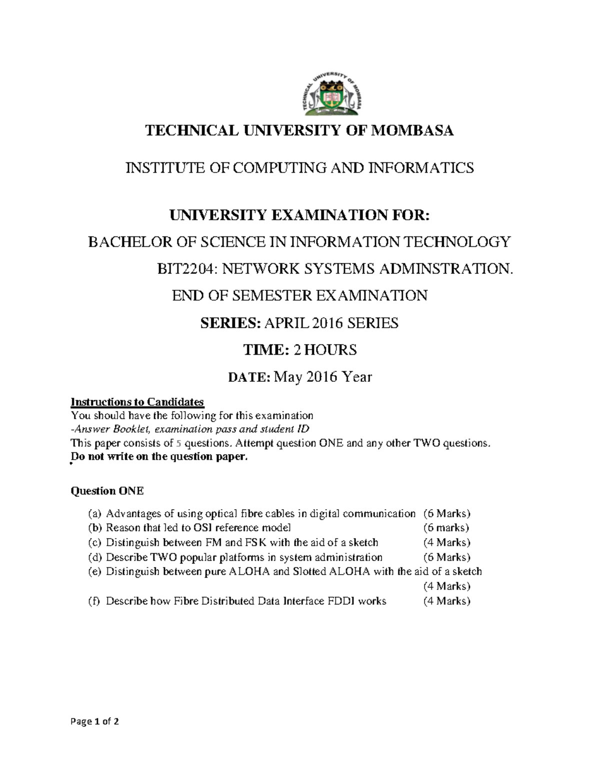 62.BIT 2204 Network Systems Administartion 1 - Page 1 of 2 TECHNICAL ...