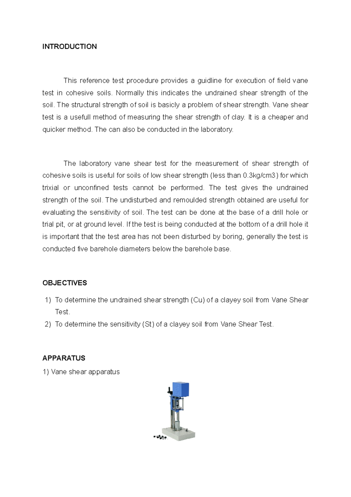 Lab report vane shear test - INTRODUCTION This reference test procedure ...