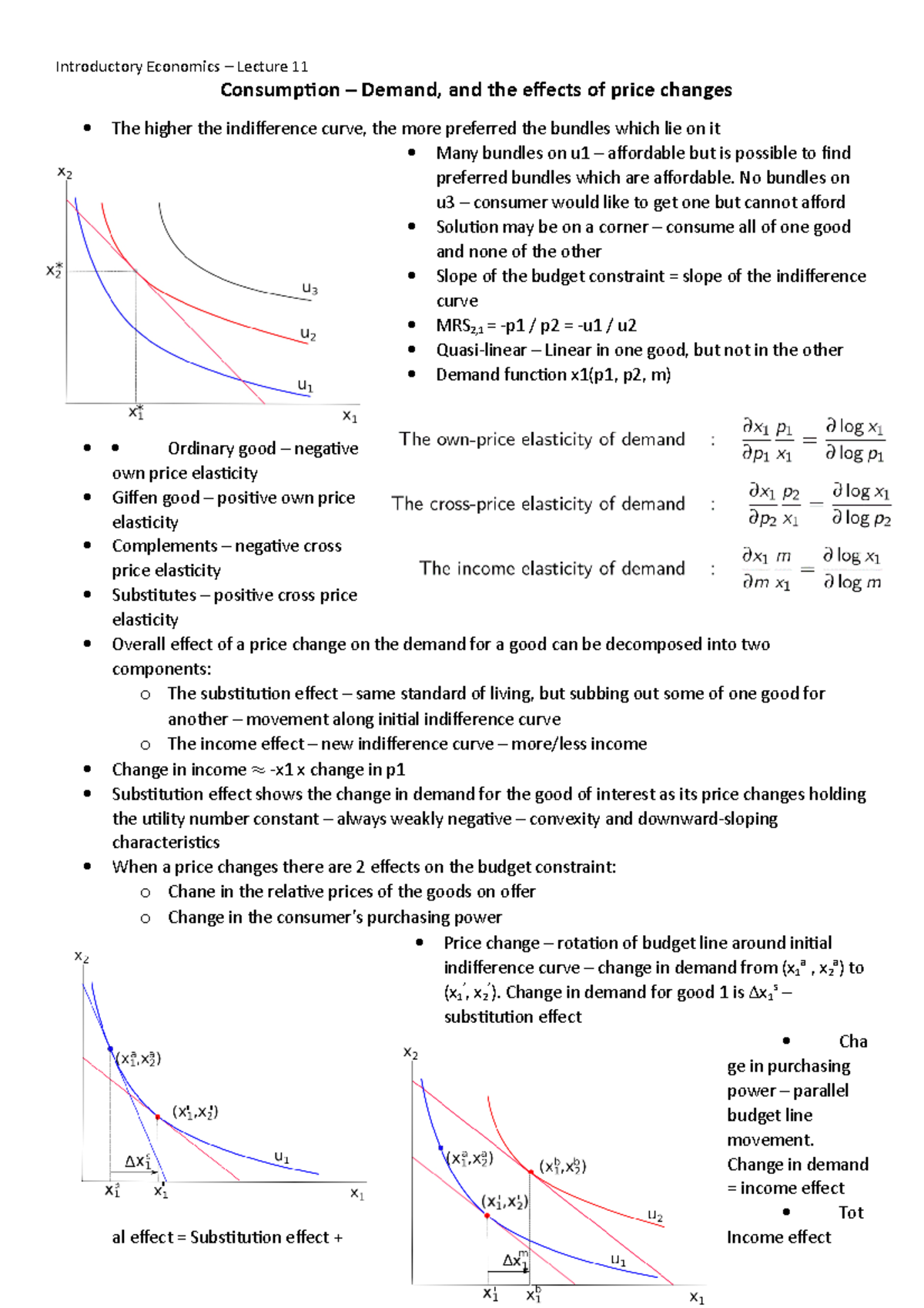 11. Consumption – Demand, and the effects of price changes - No bundles ...