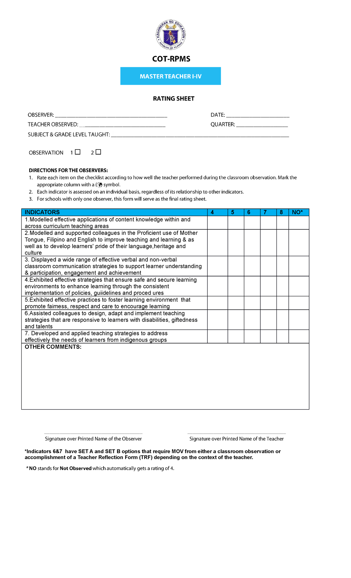 2021 22 COT RPMS Rating Sheet for MT I IV 1 INDICATORS 4 5 6 7 8 NO 2021 22 COT RPMS Rating Sheet for MT I IV 1 INDICATORS 4 5 6 7 8 NO