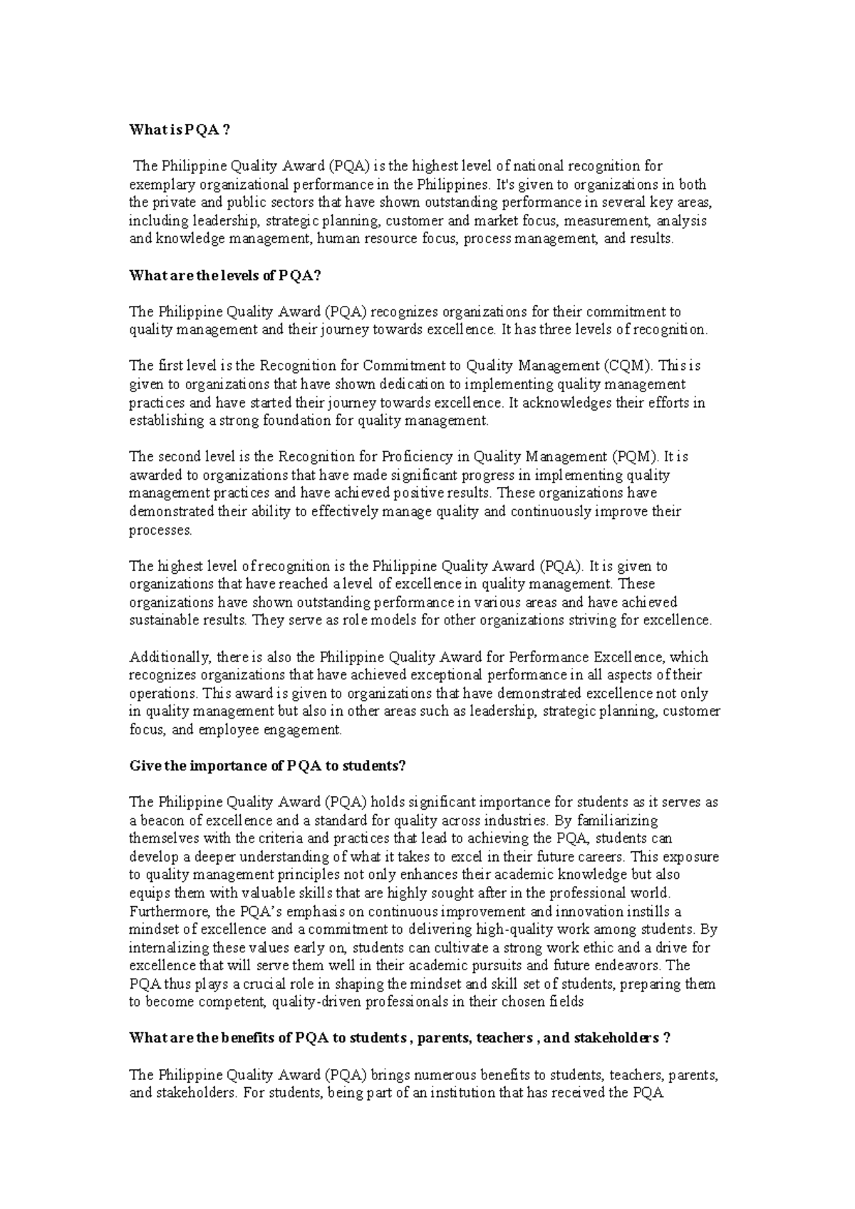 What is PQA - What is PQA? The Philippine Quality Award (PQA) is the ...