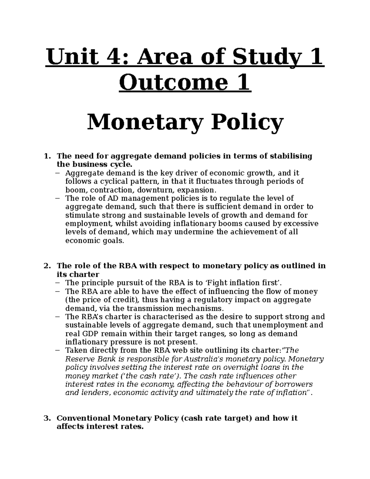 Unit 4 MP - Unit 3/4 Economics Monetary Policy notes - Unit 4: Area of ...