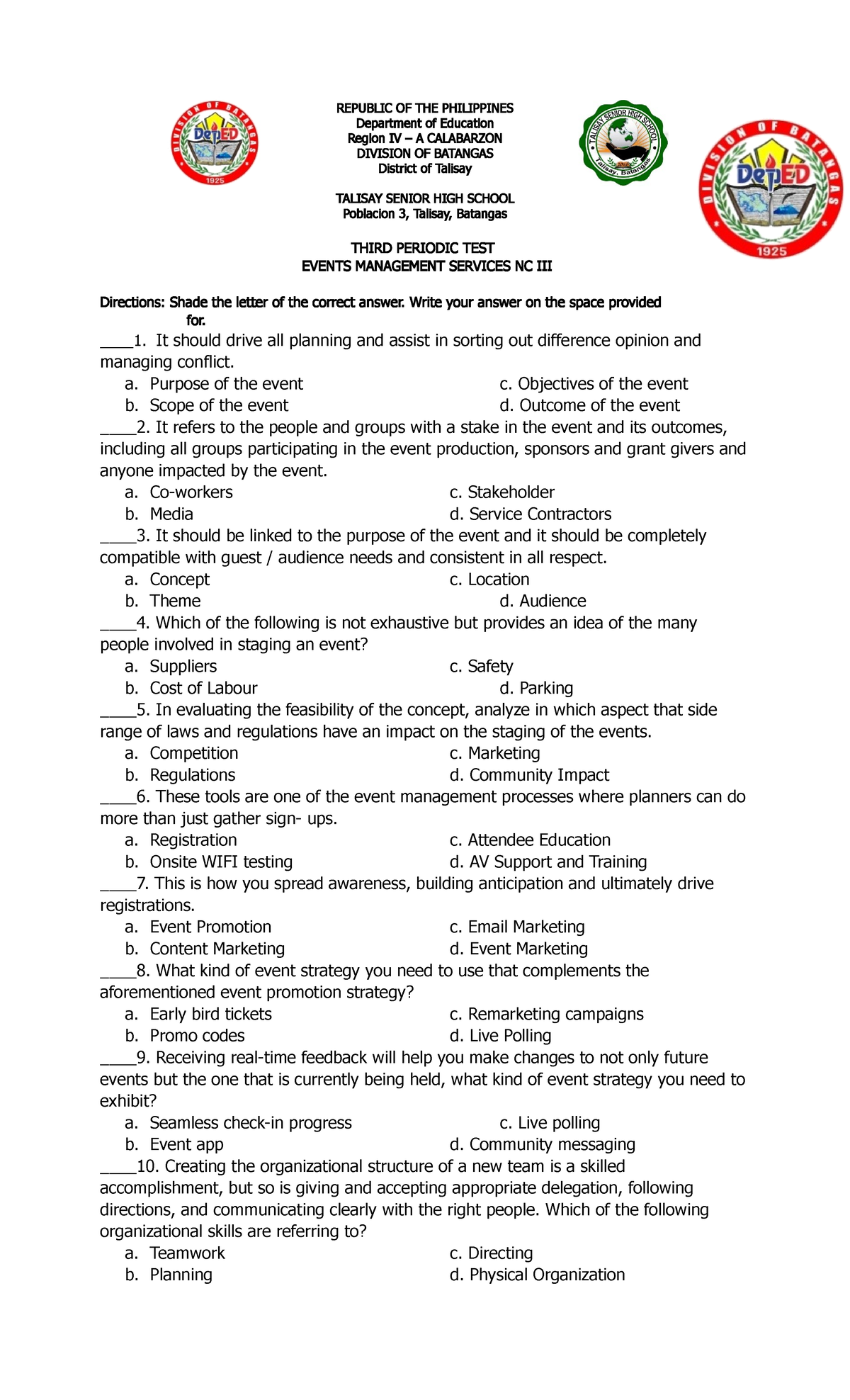 Third Periodic TEST- 2019 - REPUBLIC OF THE PHILIPPINES Department of ...
