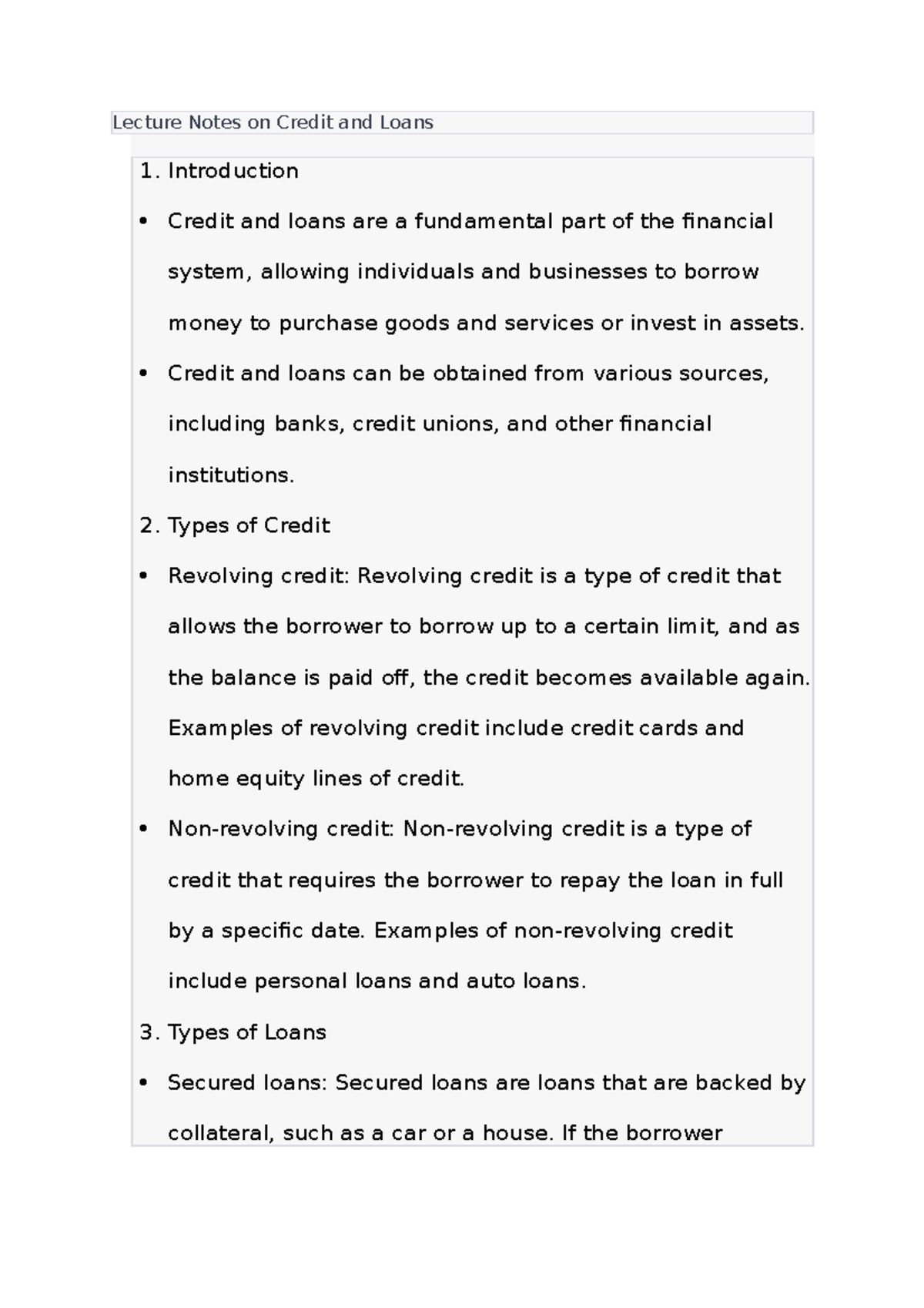 Lecture Notes on Credit and Loans - Introduction Credit and loans are a ...