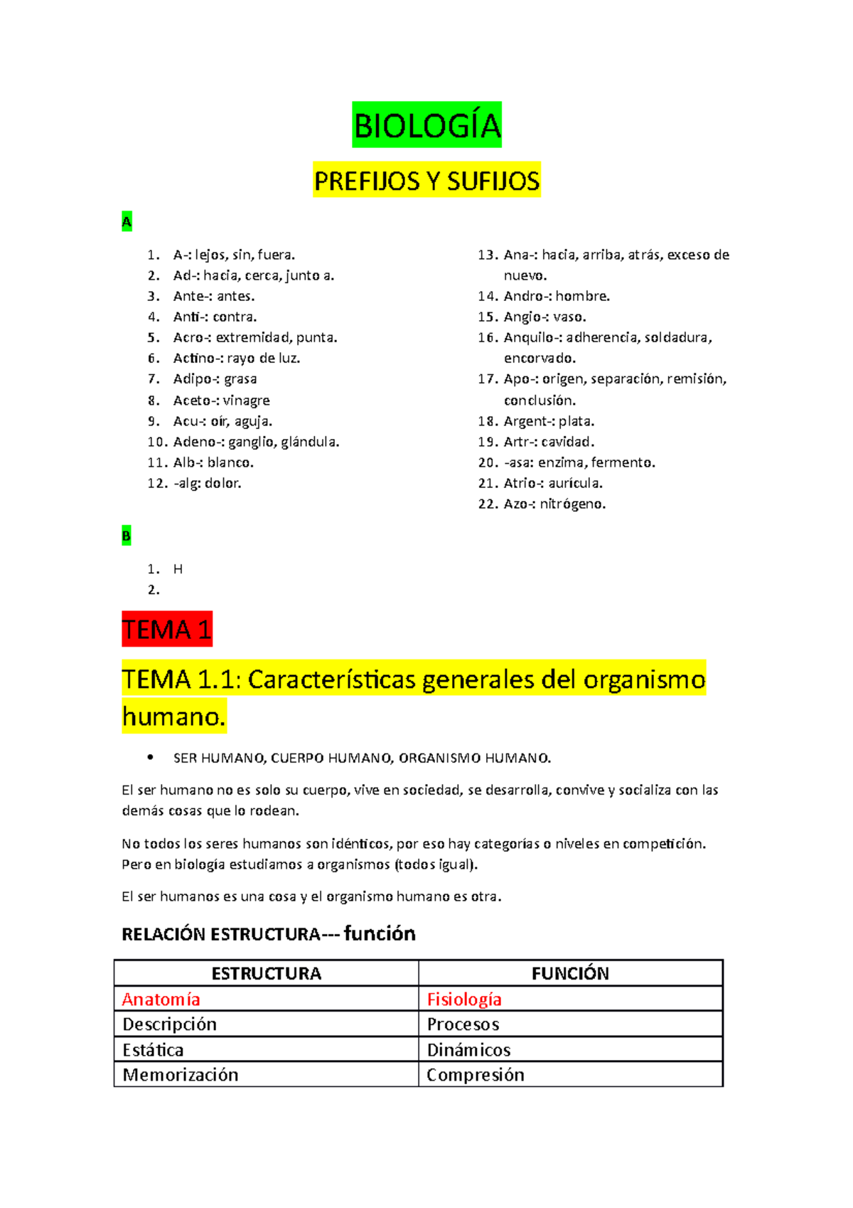 Biología - hola - BIOLOGÍA PREFIJOS Y SUFIJOS A A-: lejos, sin, fuera ...