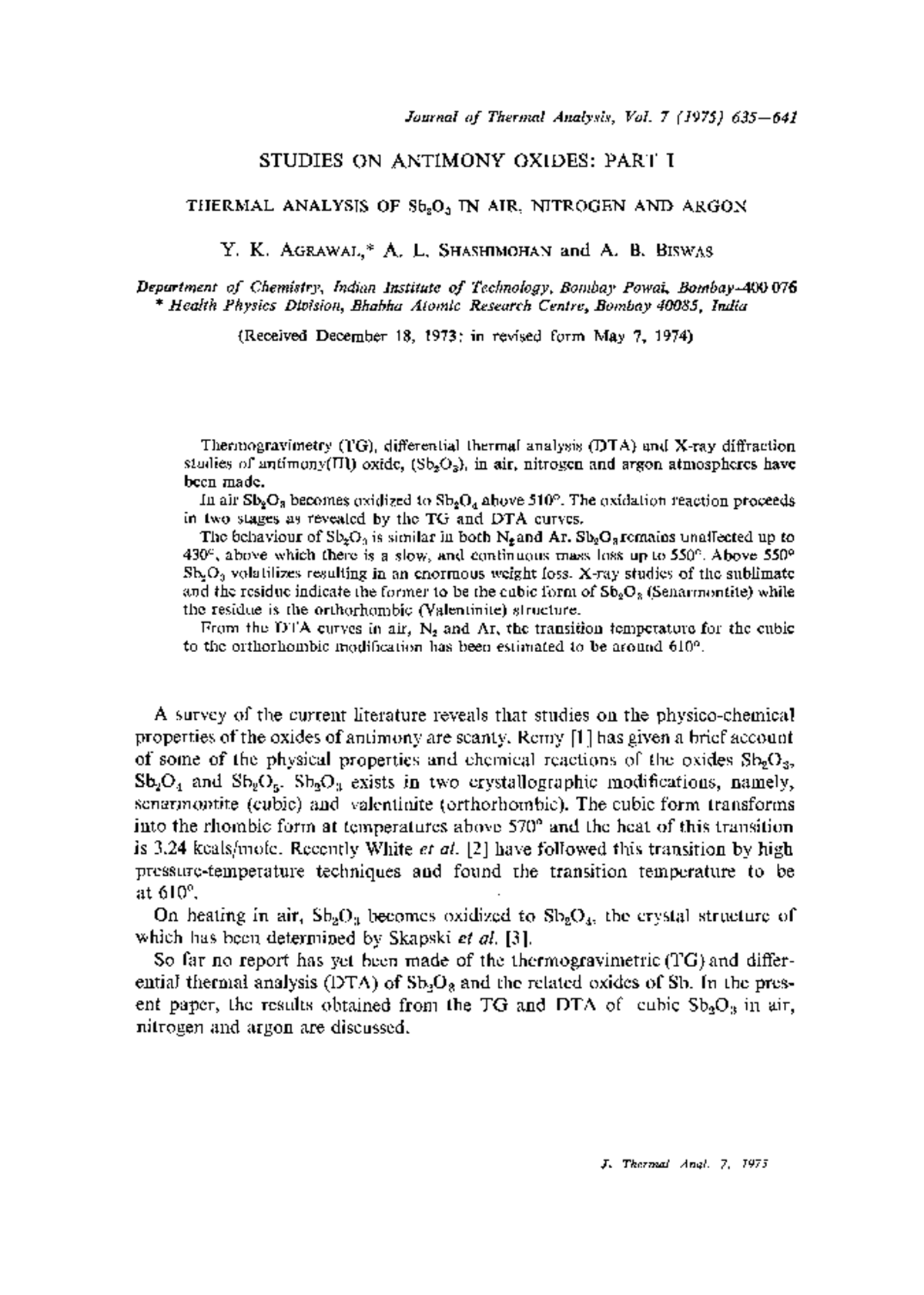 Studies on antimony oxides Part I - Journal of Thermal Analysis, Vol. 7 ...