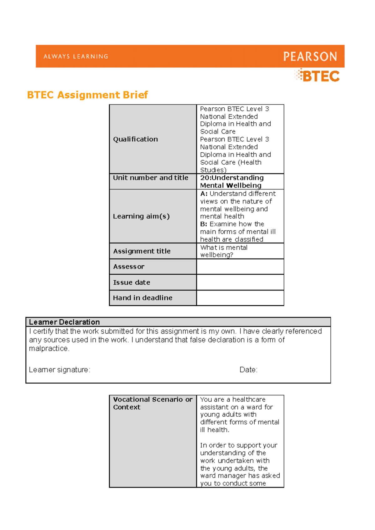 Unit 20 Ass 1 - BTEC Assignment Brief Qualification Pearson BTEC Level ...