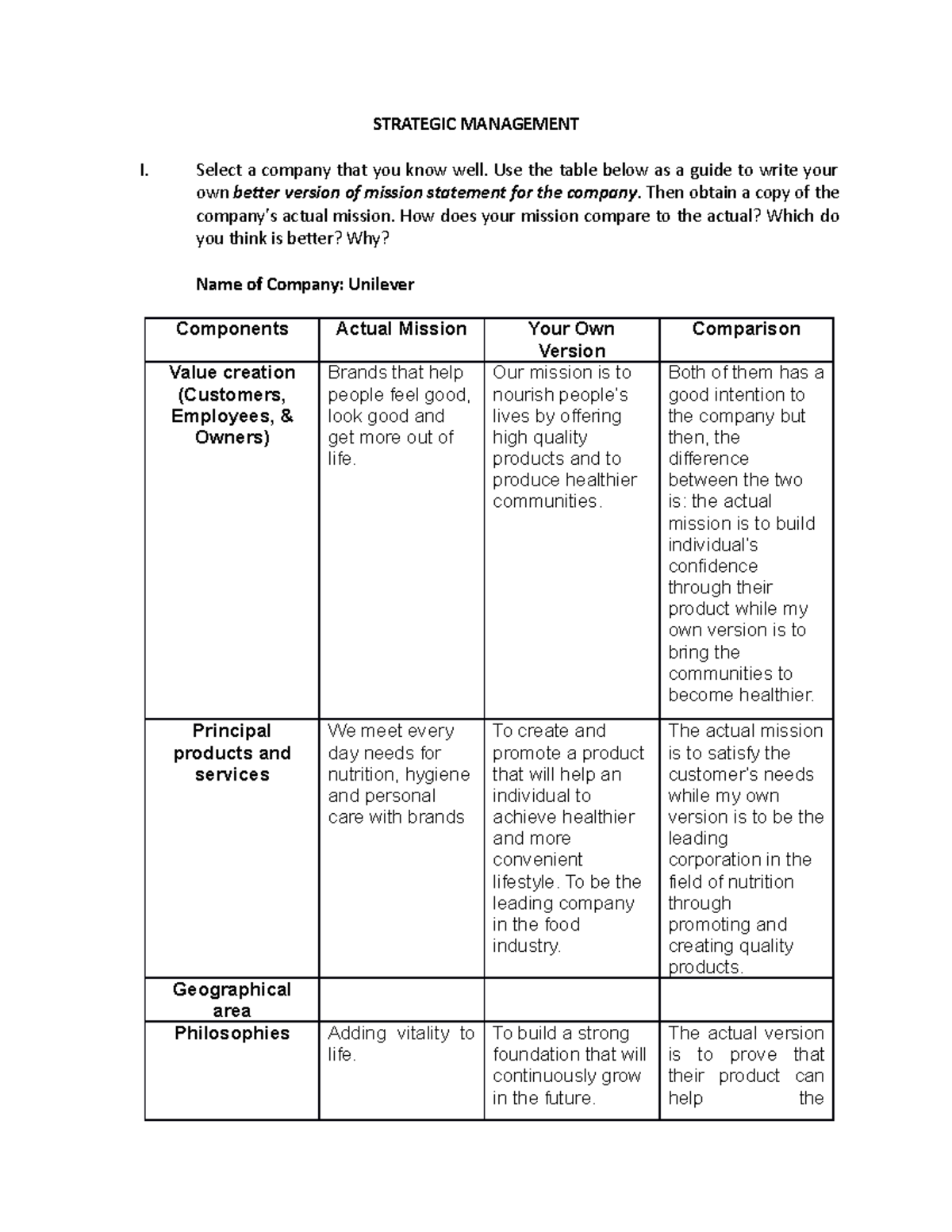 Management - STRATEGIC MANAGEMENT I. Select a company that you know ...