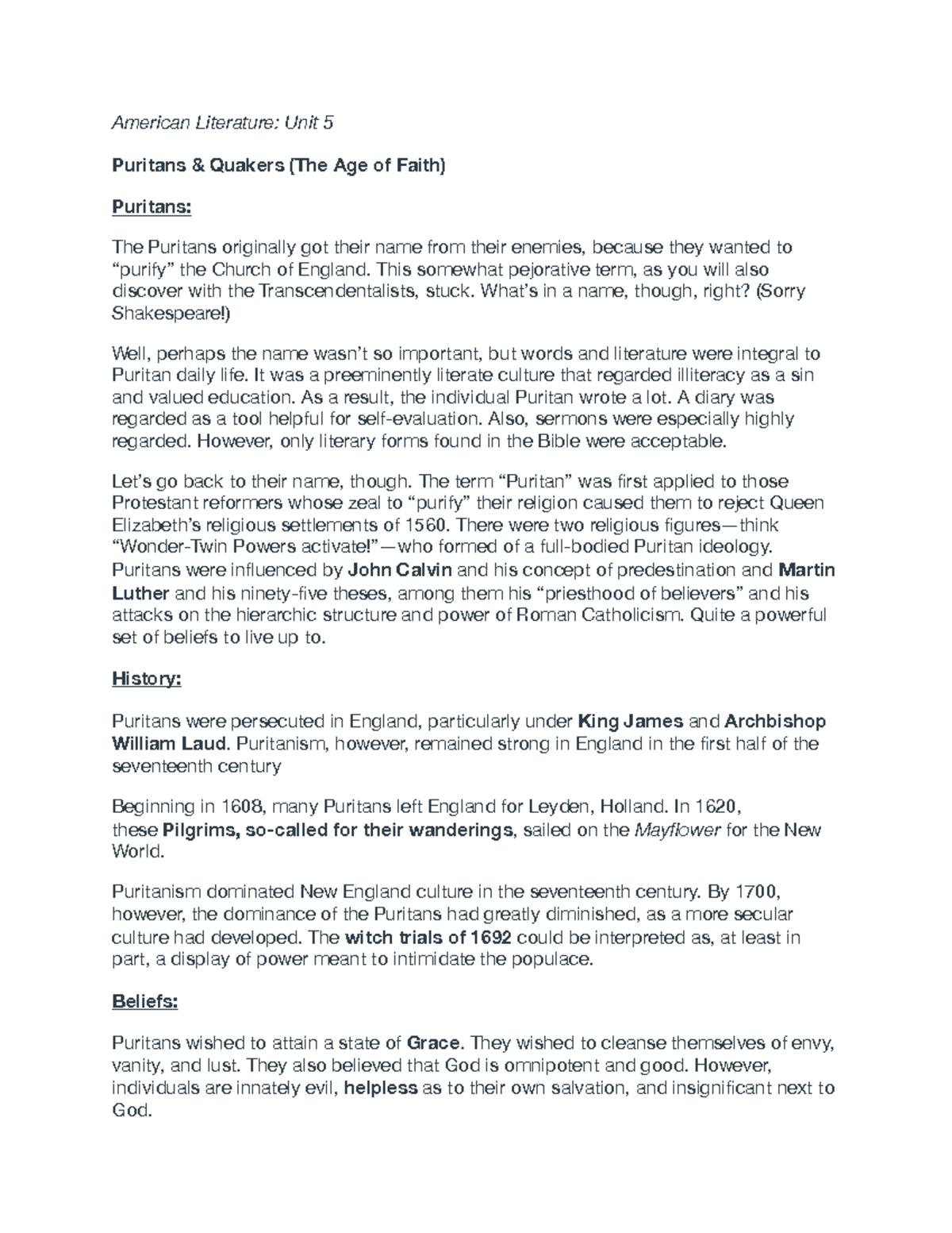 Am lit 5 - Quakers American Literature Class Notes - American ...