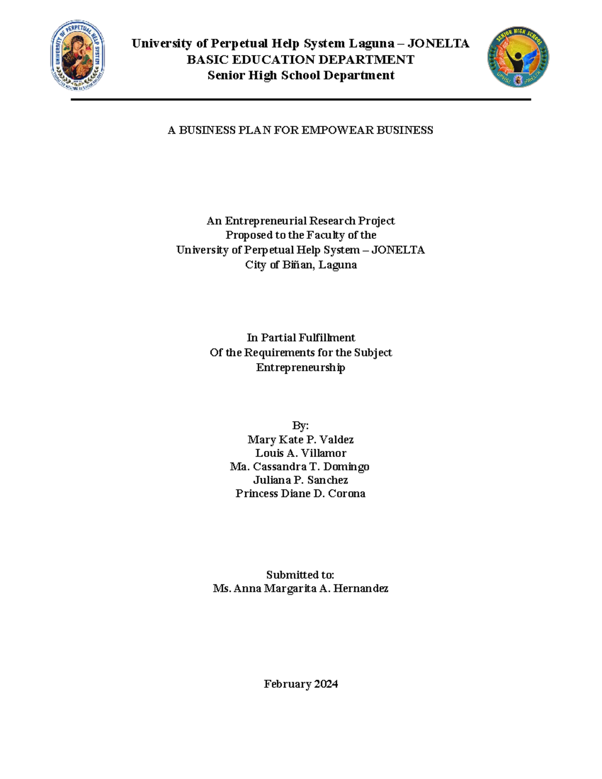 PT3 Business PLAN Entrep - BASIC EDUCATION DEPARTMENT Senior High ...