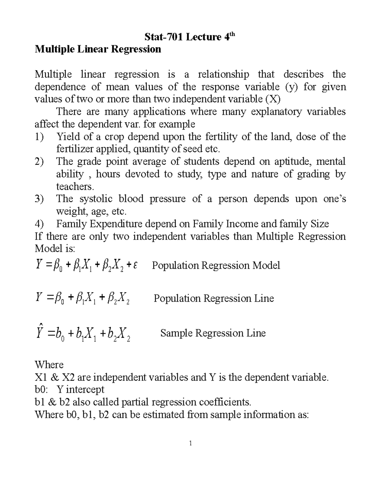 MLR Model ok - Lecture notes 3 - Stat-701 Lecture 4th Multiple Linear ...