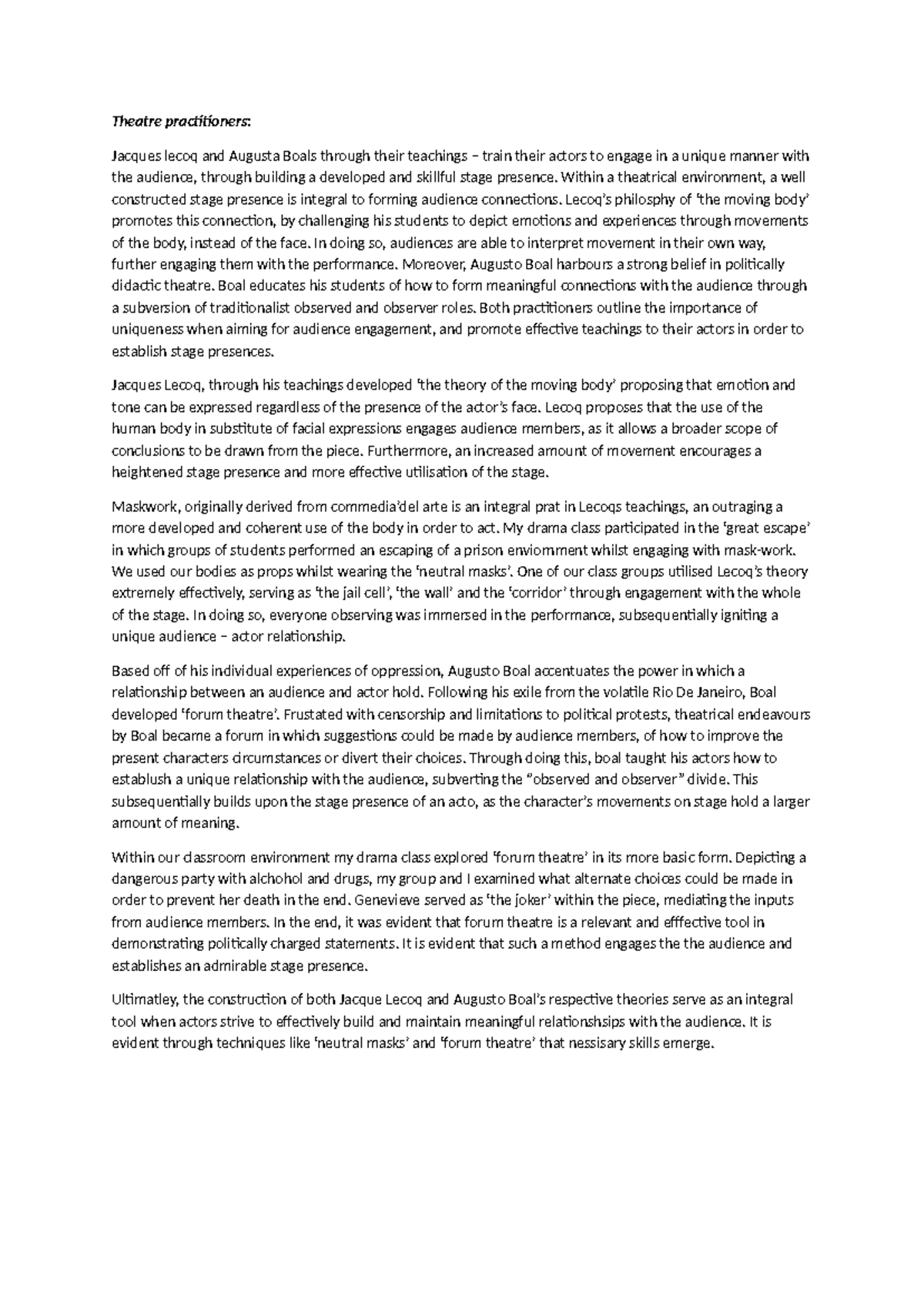 Boal and lecoq - practitioner essay - Theatre practitioners: Jacques ...