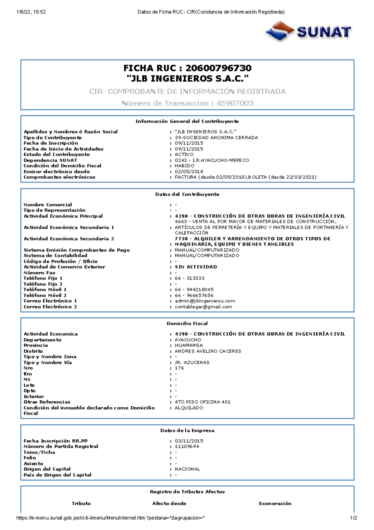Ficha RUC JLB ING - 1/6/22, 16:52 Datos de Ficha RUC- CIR(Constancia de ...