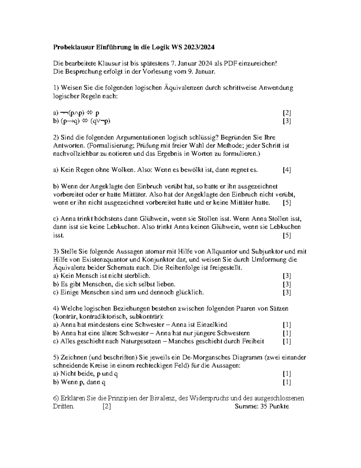 Probeklausur_2324 - Probeklausur Einführung in die Logik WS 202 3 /202 ...