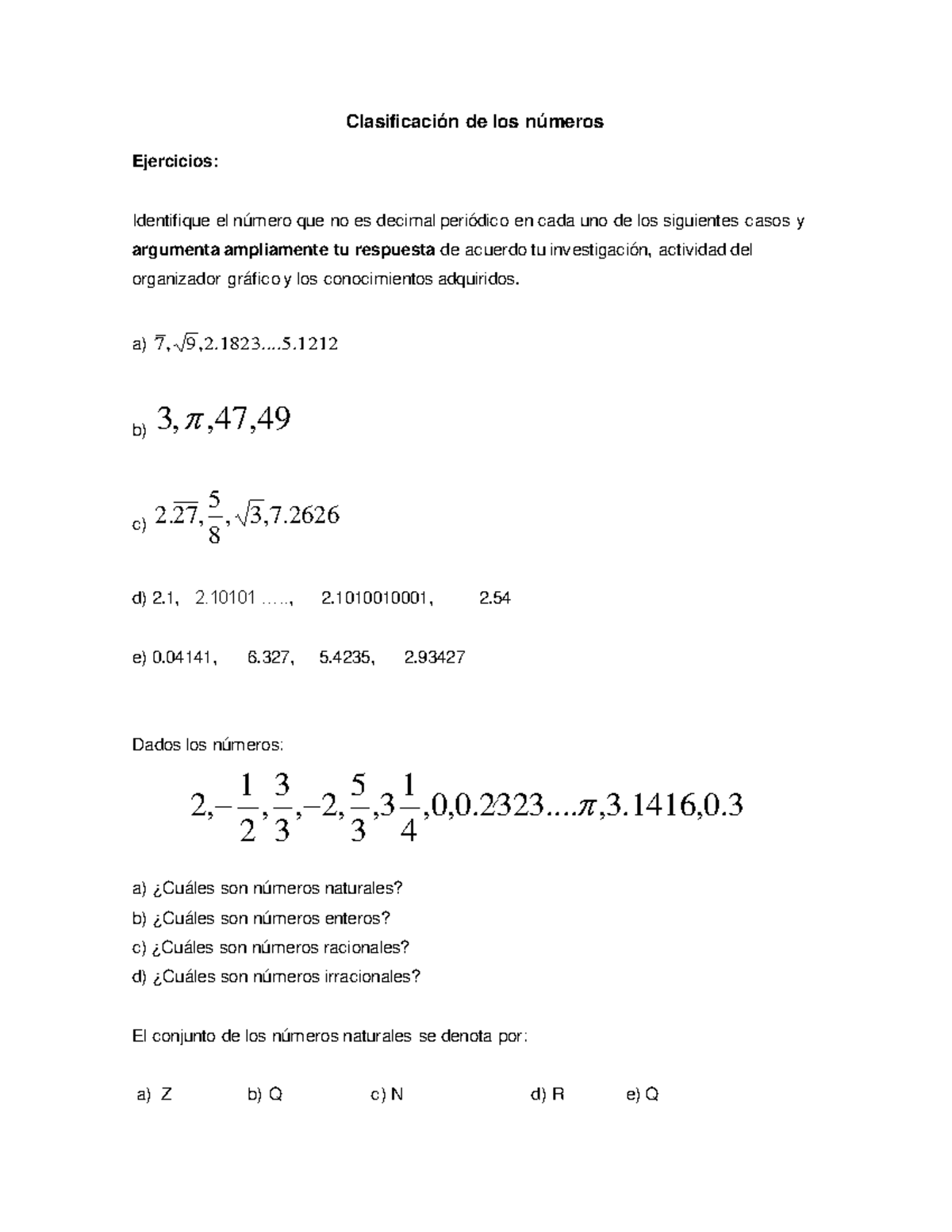 Clasificación de los números - ####### Clasificación de los números ...