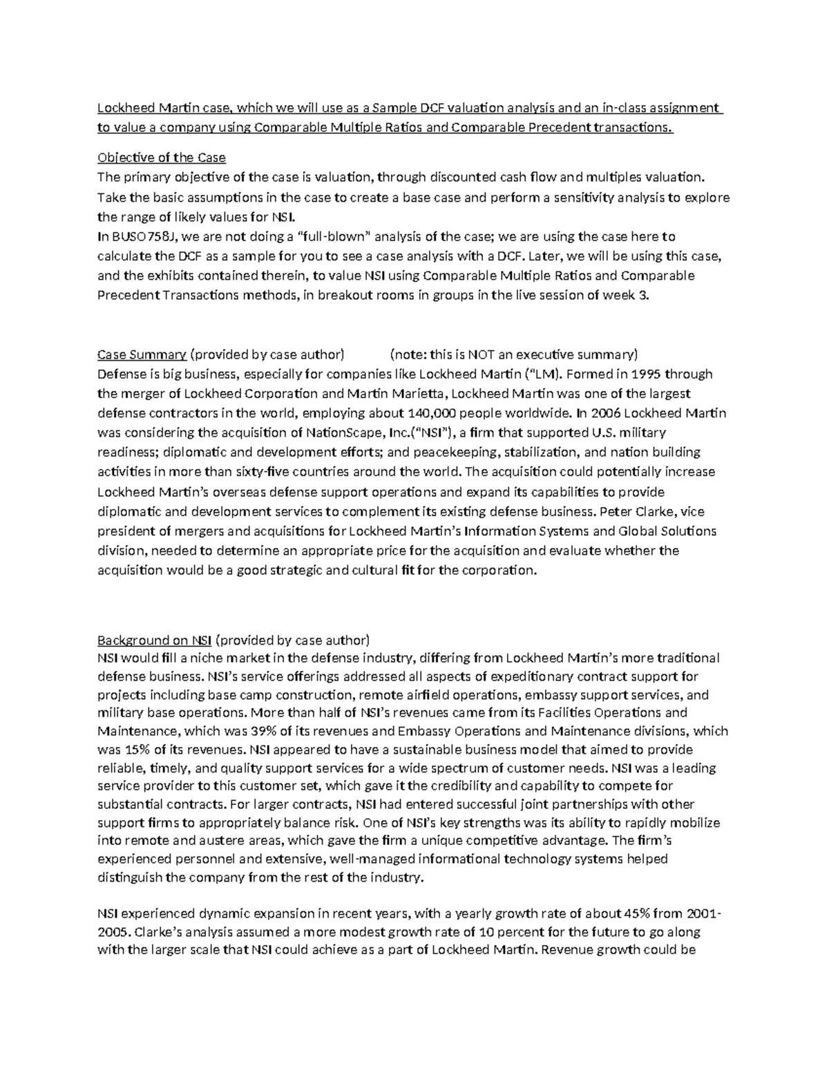 BUSO758J wk1 sample DCF LM NSI - Lockheed Martin case, which we will ...