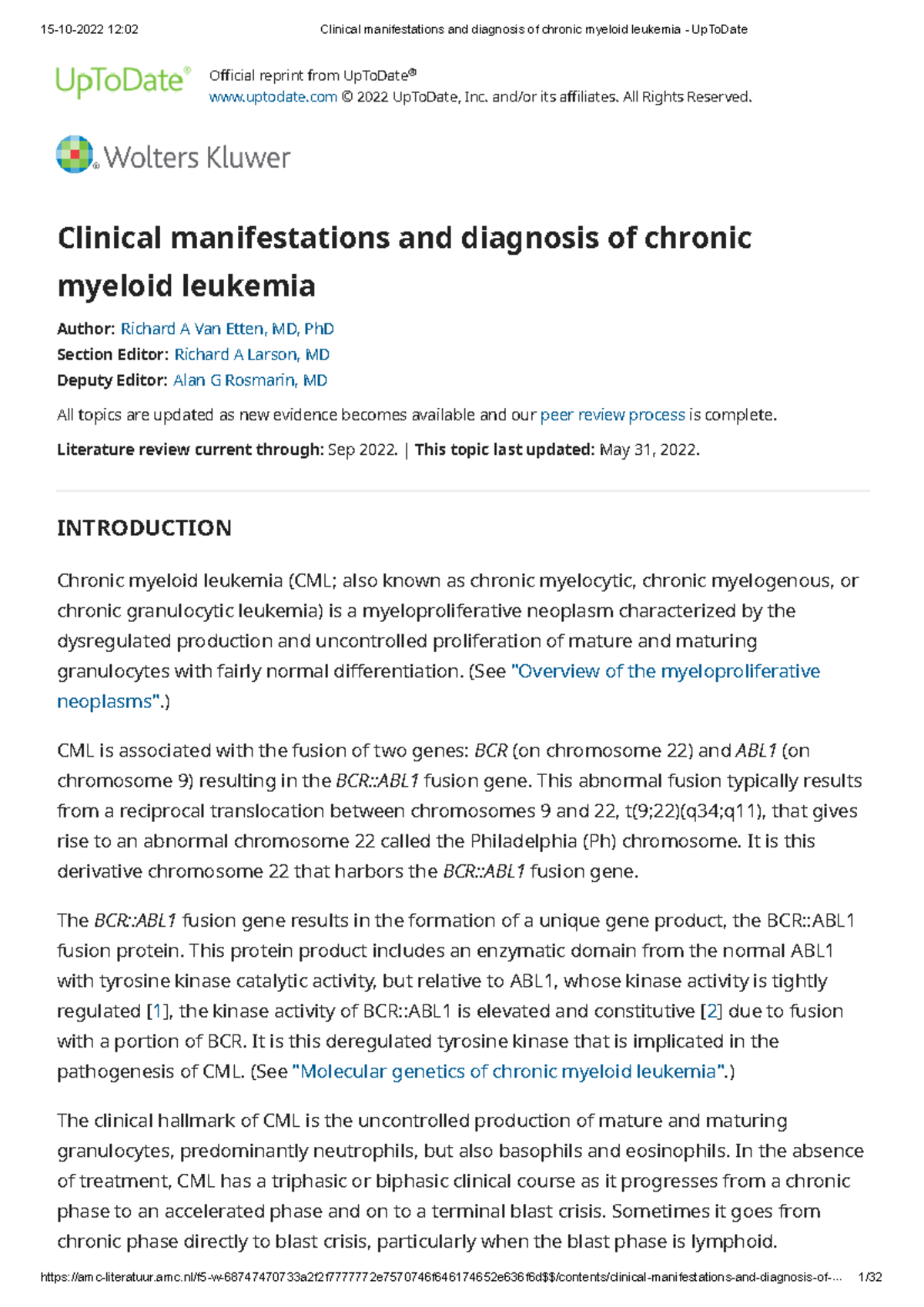 Clinical manifestations and diagnosis of chronic myeloid leukemia - Up To Date - - Studeersnel
