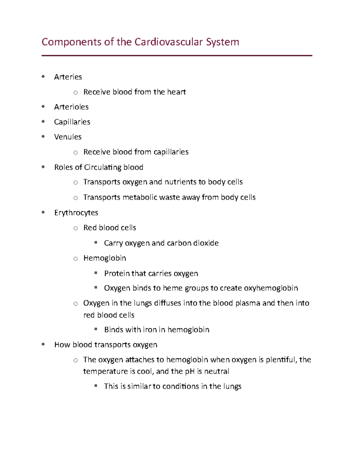 Components of the Cardiovascular System - Studocu