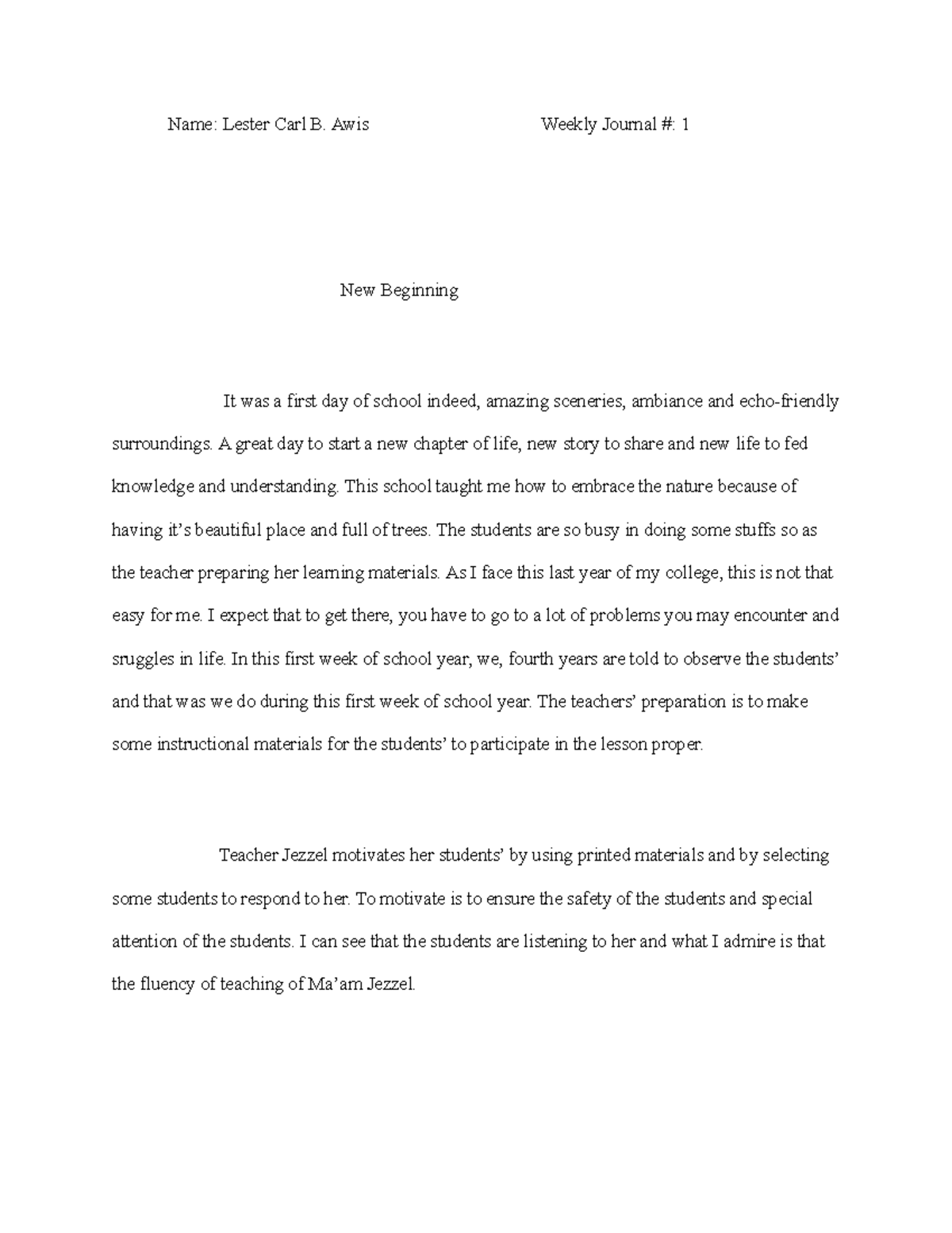 Journal Book - Name: Lester Carl B. Awis Weekly Journal #: 1 New ...