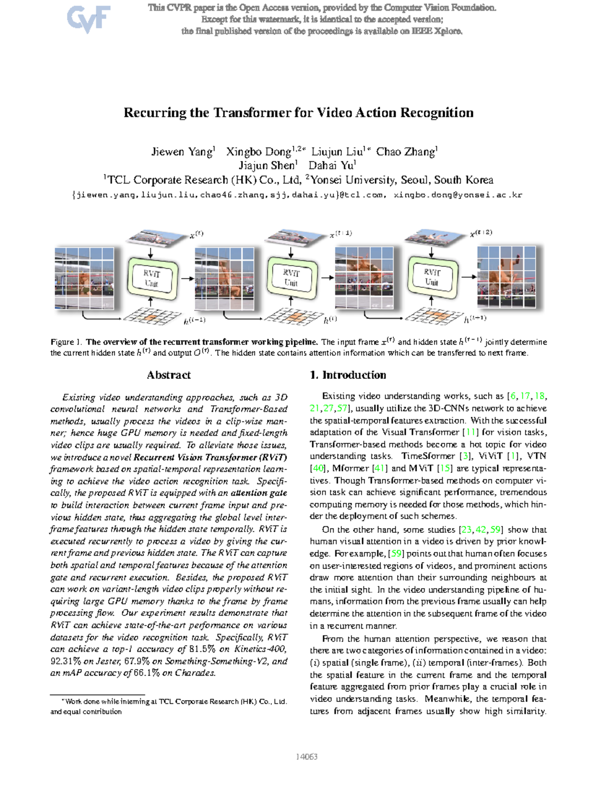 Yang Recurring the Transformer for Video Action Recognition CVPR 2022 paper - Recurring the ...