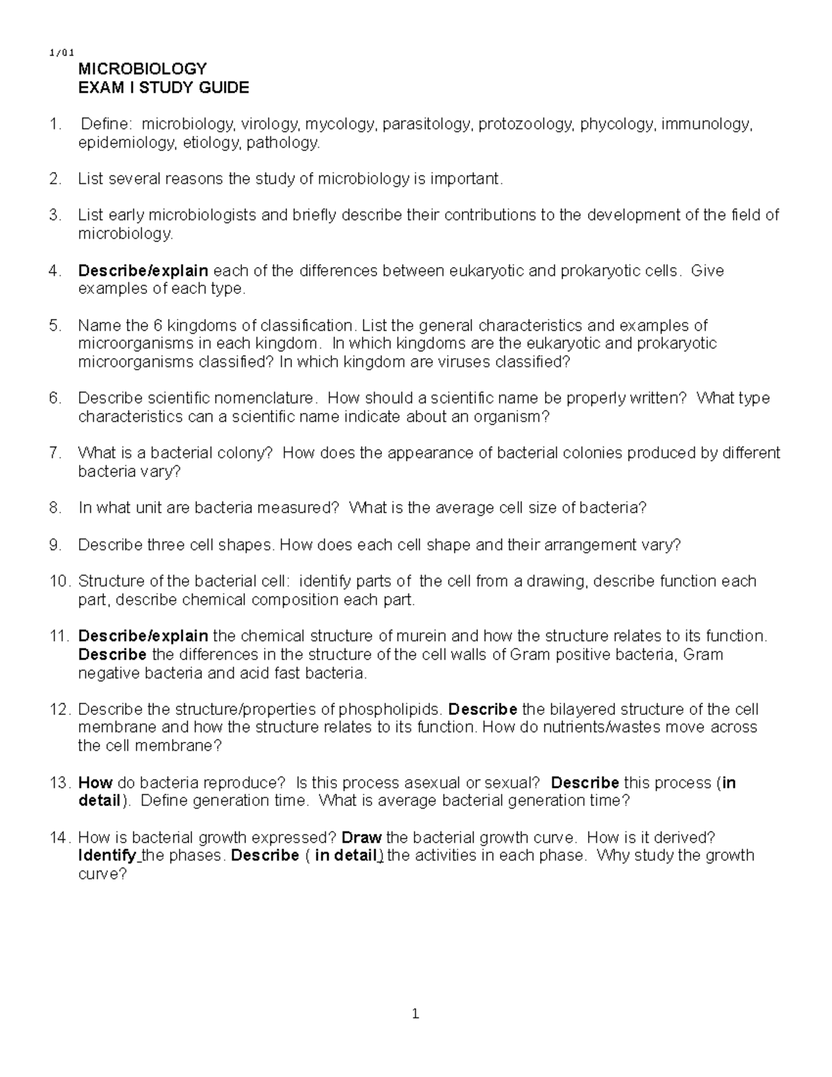 Exam Study Guide 1 - 1/ MICROBIOLOGY EXAM I STUDY GUIDE Define ...