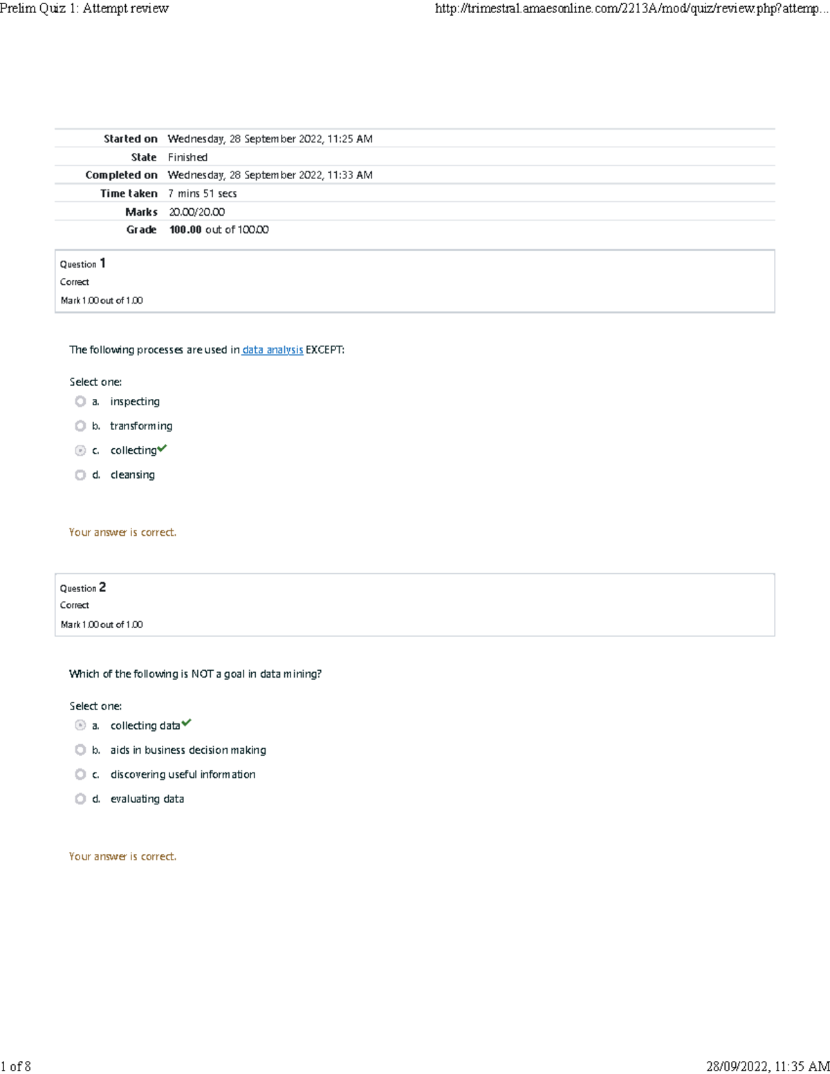 Engr Data Analysis Prelim Quiz 1 Started On Wednesday 28 September 2022 11 25 Am State