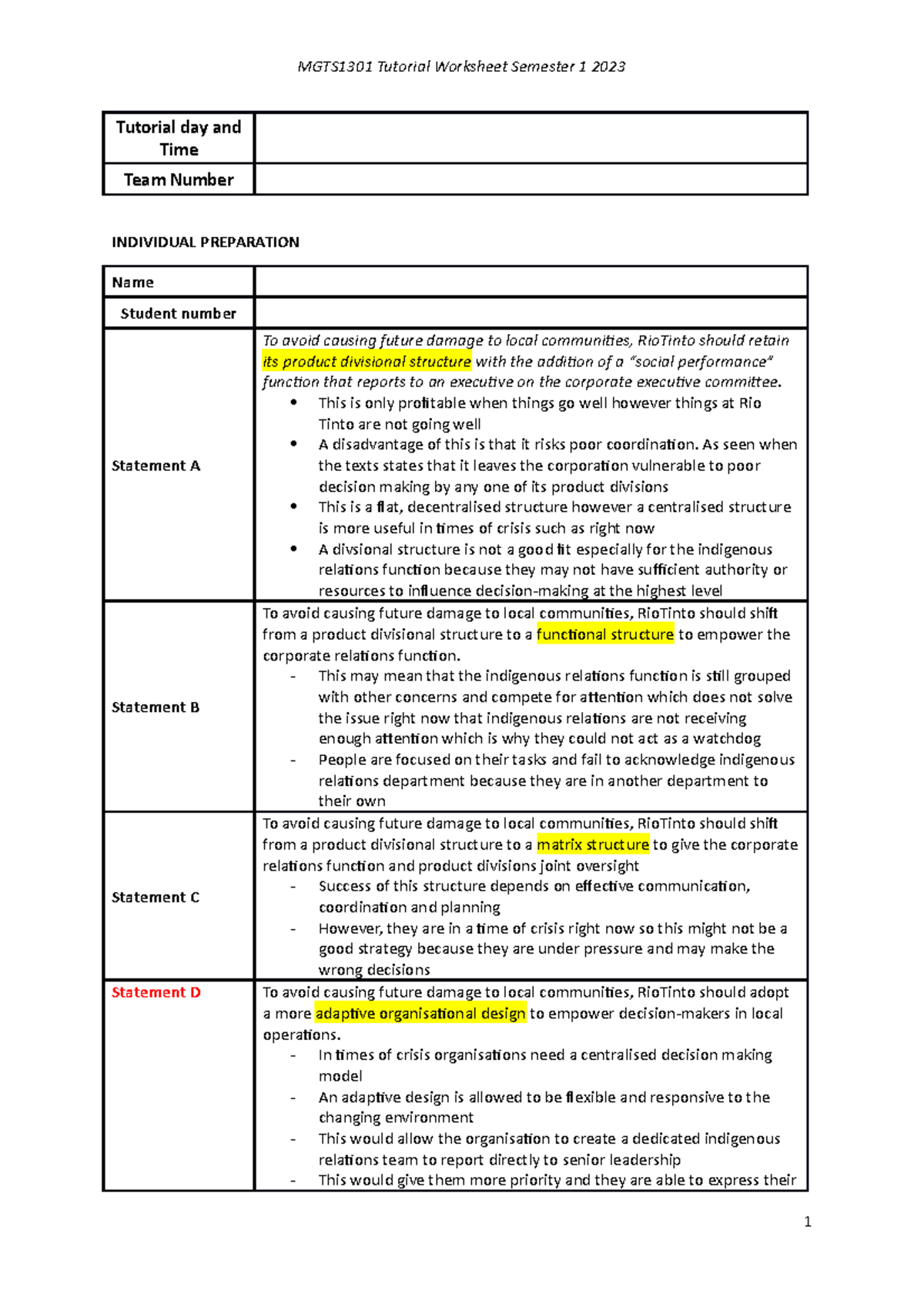 Team Based Tutorial - Riotinto - MGTS1301 Tutorial Worksheet Semester 1 ...