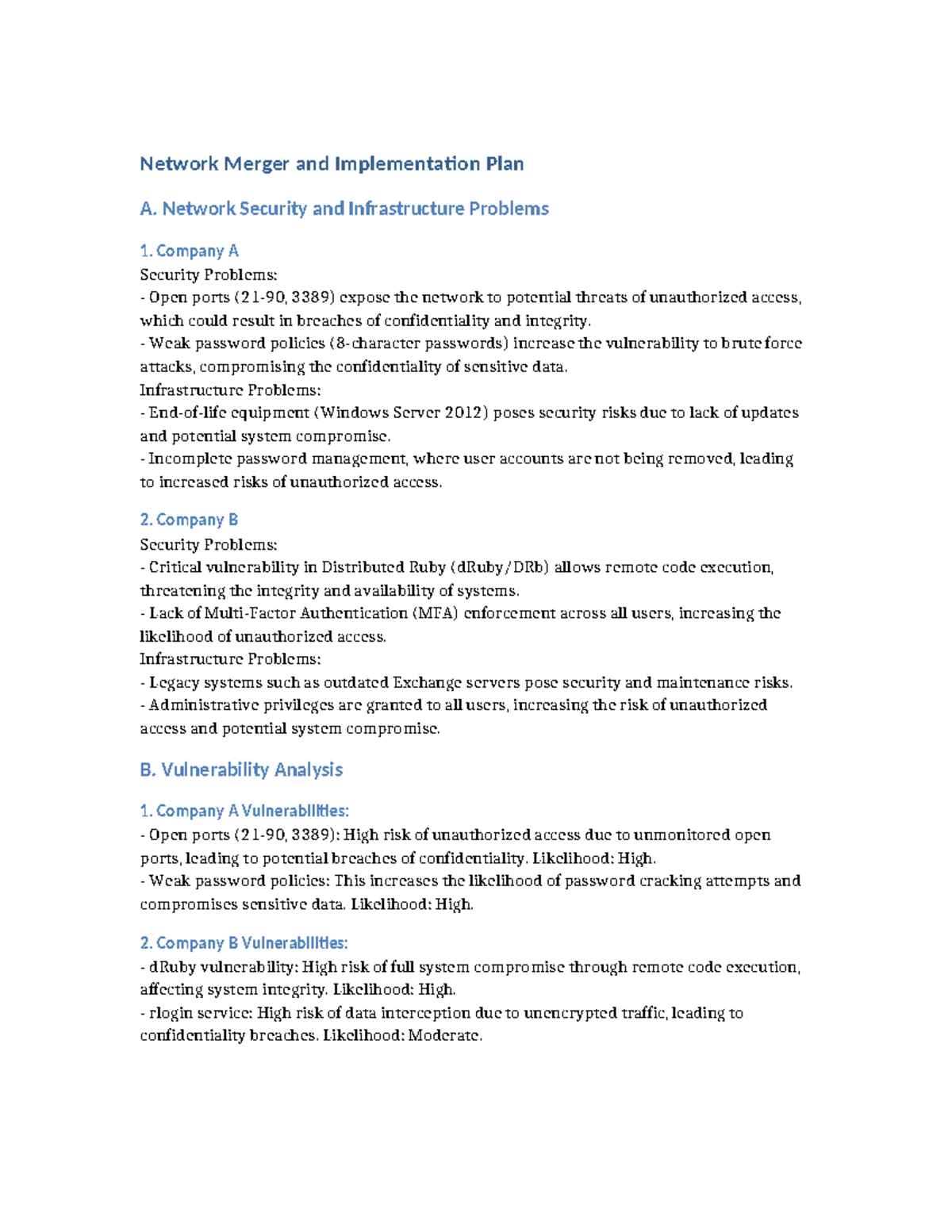 Network Merger and Implementation Plan Revised - Network Merger and Implementation Plan A ...