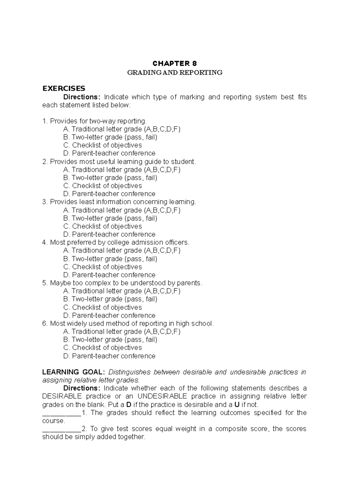 PROF ED 10- Chapter 8 Exercises - CHAPTER 8 GRADING AND REPORTING ...