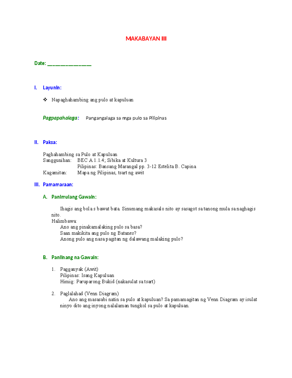AP Lesson Plan 4 - MAKABAYAN III Date: _________________ I. Layunin ...