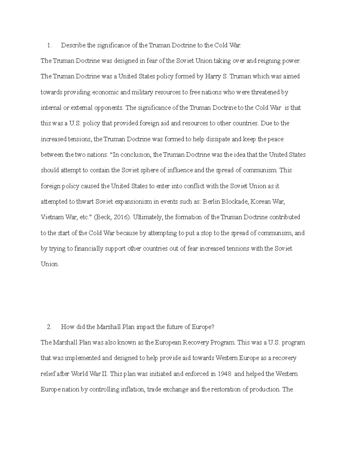 History assignment 1 - Describe the significance of the Truman Doctrine ...