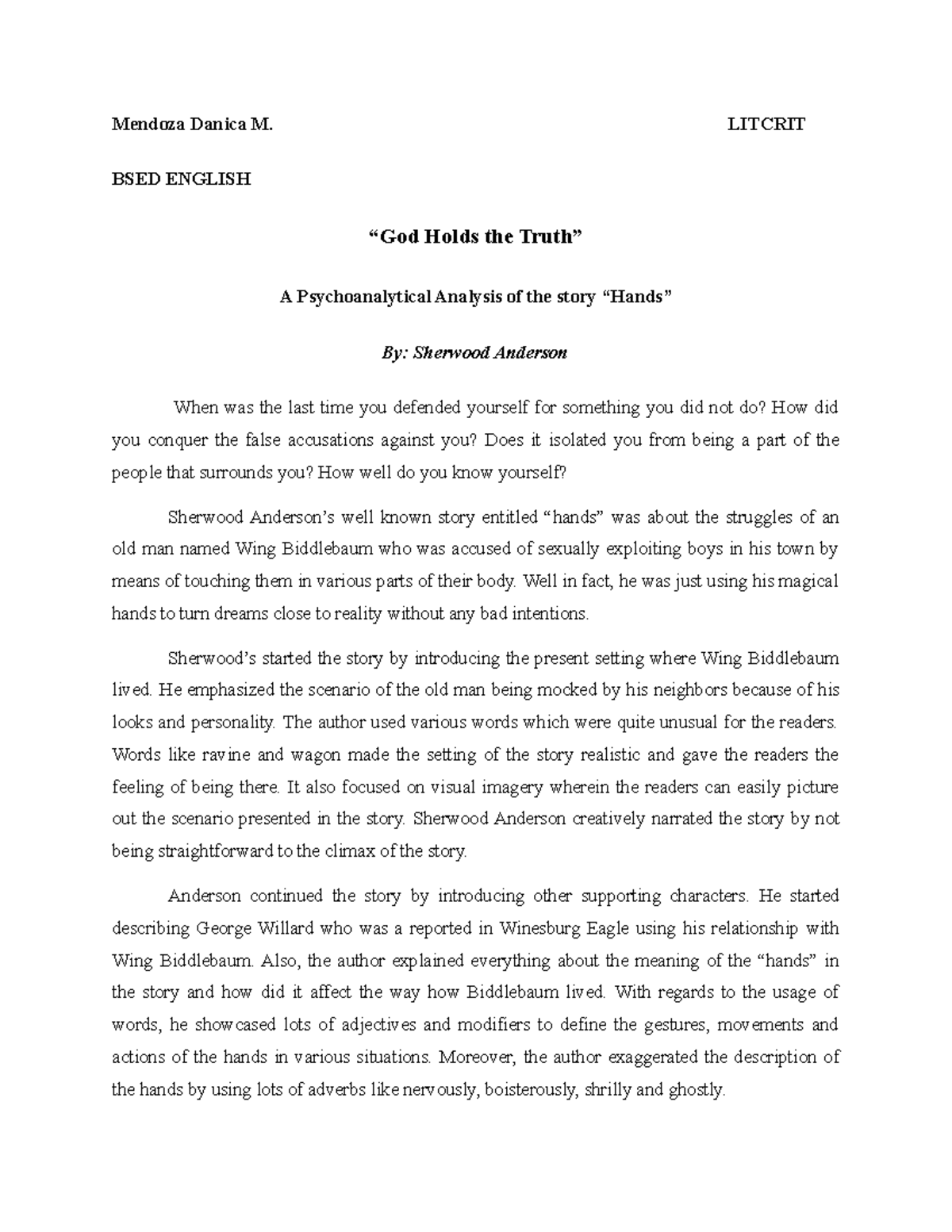Mendoza Danica M. (Psychoanalytical Approach - story of hands ...
