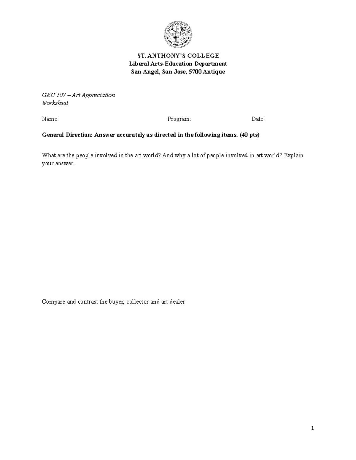 GEC 107 research worksheet 4 - ST. ANTHONY’S COLLEGE Liberal Arts ...