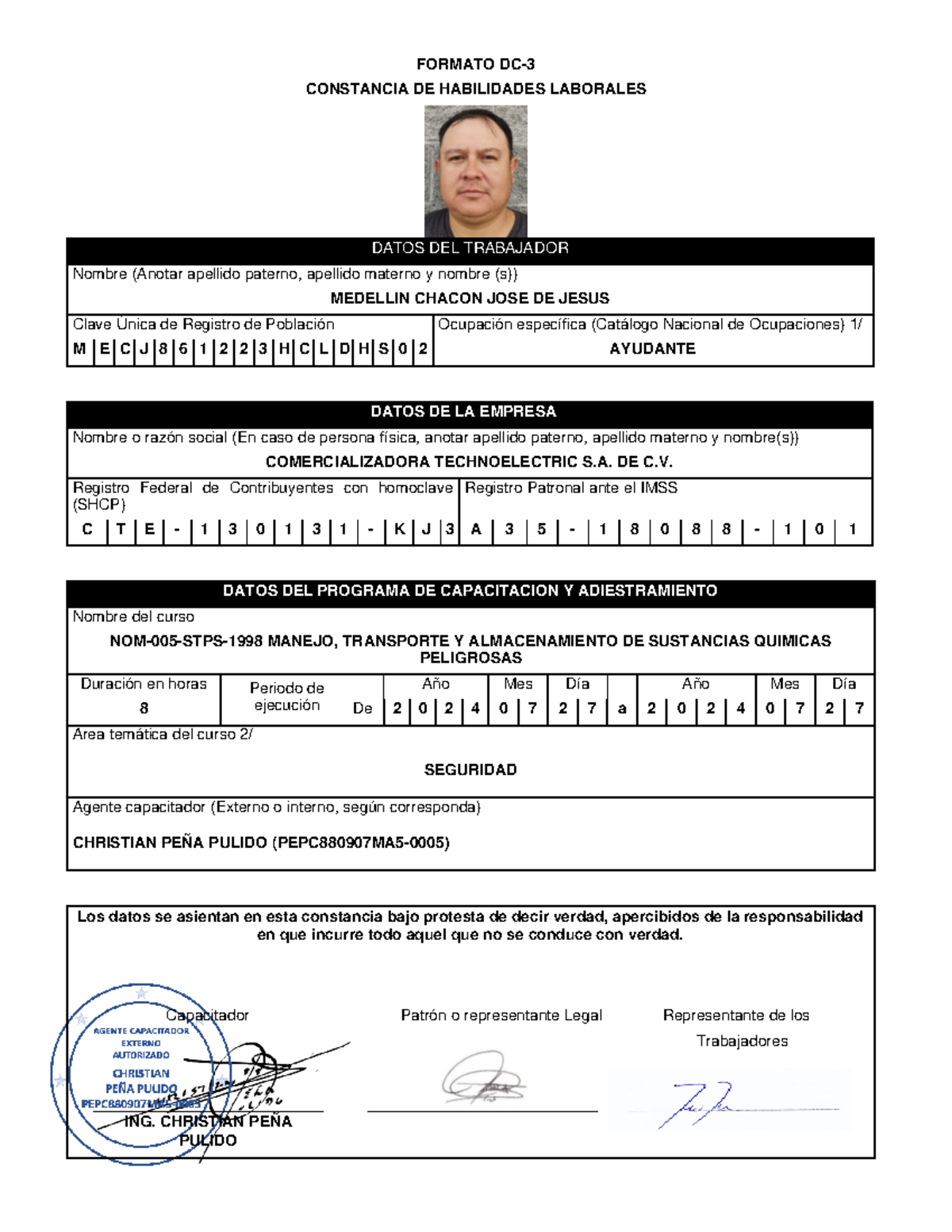 DC3 Sustancias Quimicas Medellin Chacon JOSE DE Jesus - FORMATO DC- 3 ...