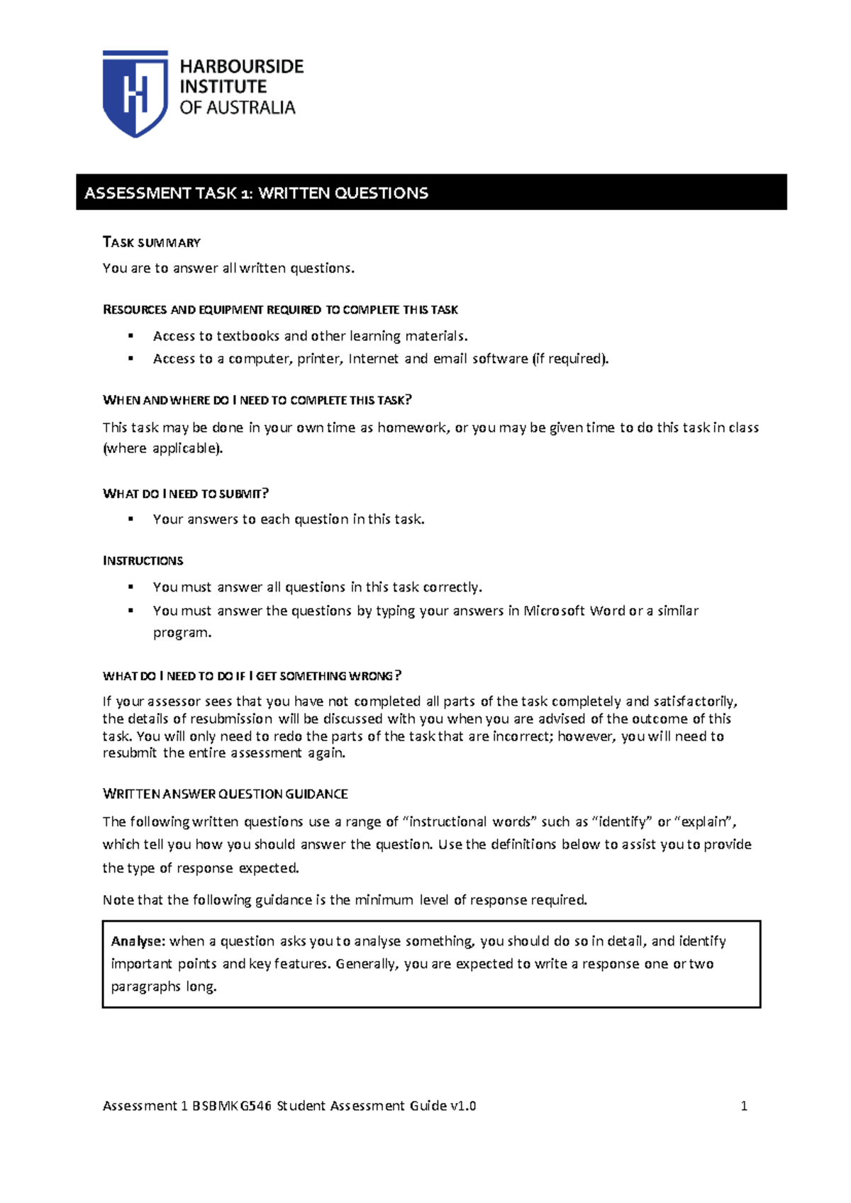 Bsbmkg 546 Assessment task 1 - ASSESSMENT TASK 1: WRITTEN QUESTIONS ...