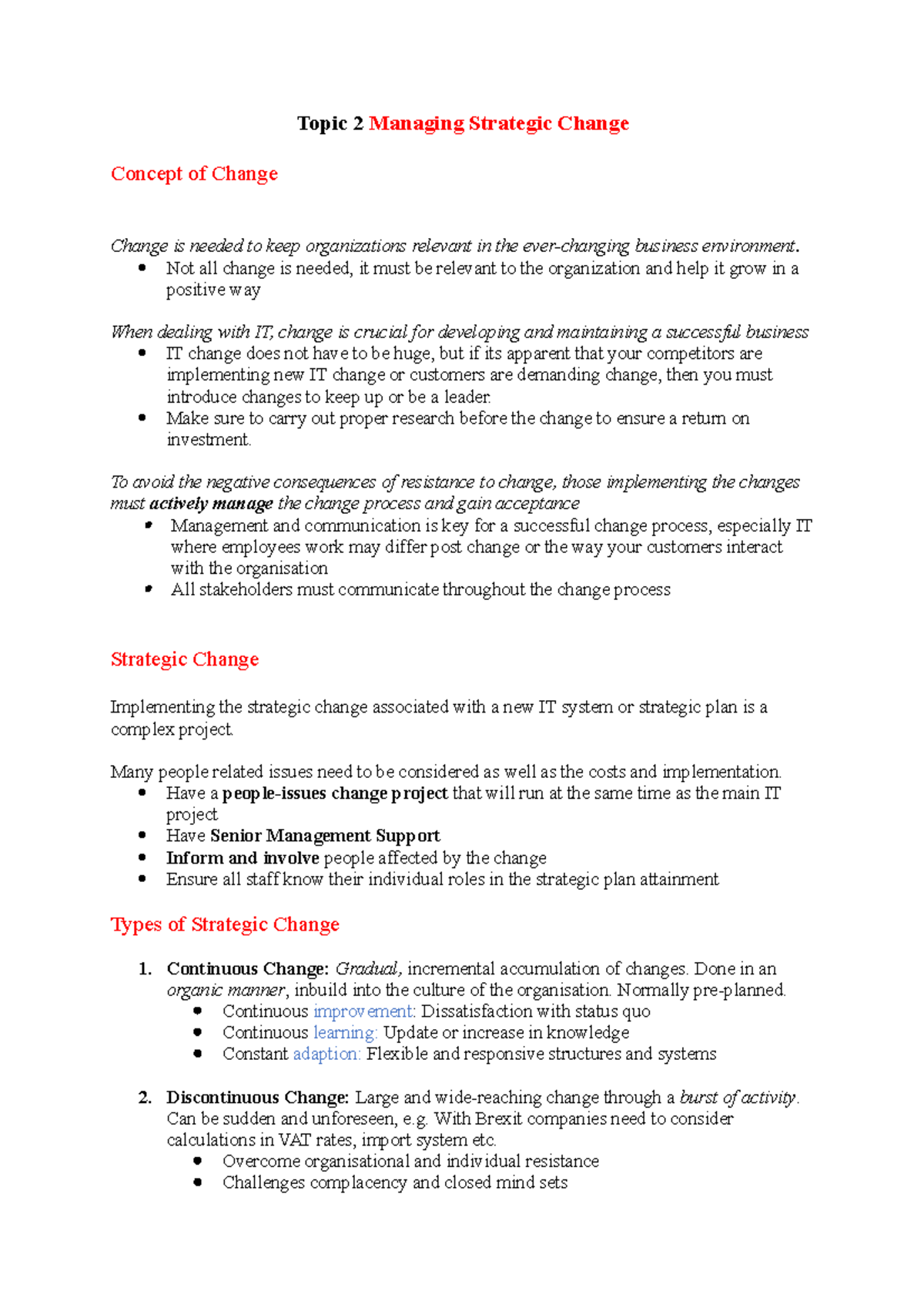IT Strategy Topic 2 Managing IT Strategic Change Notes - Topic 2 ...