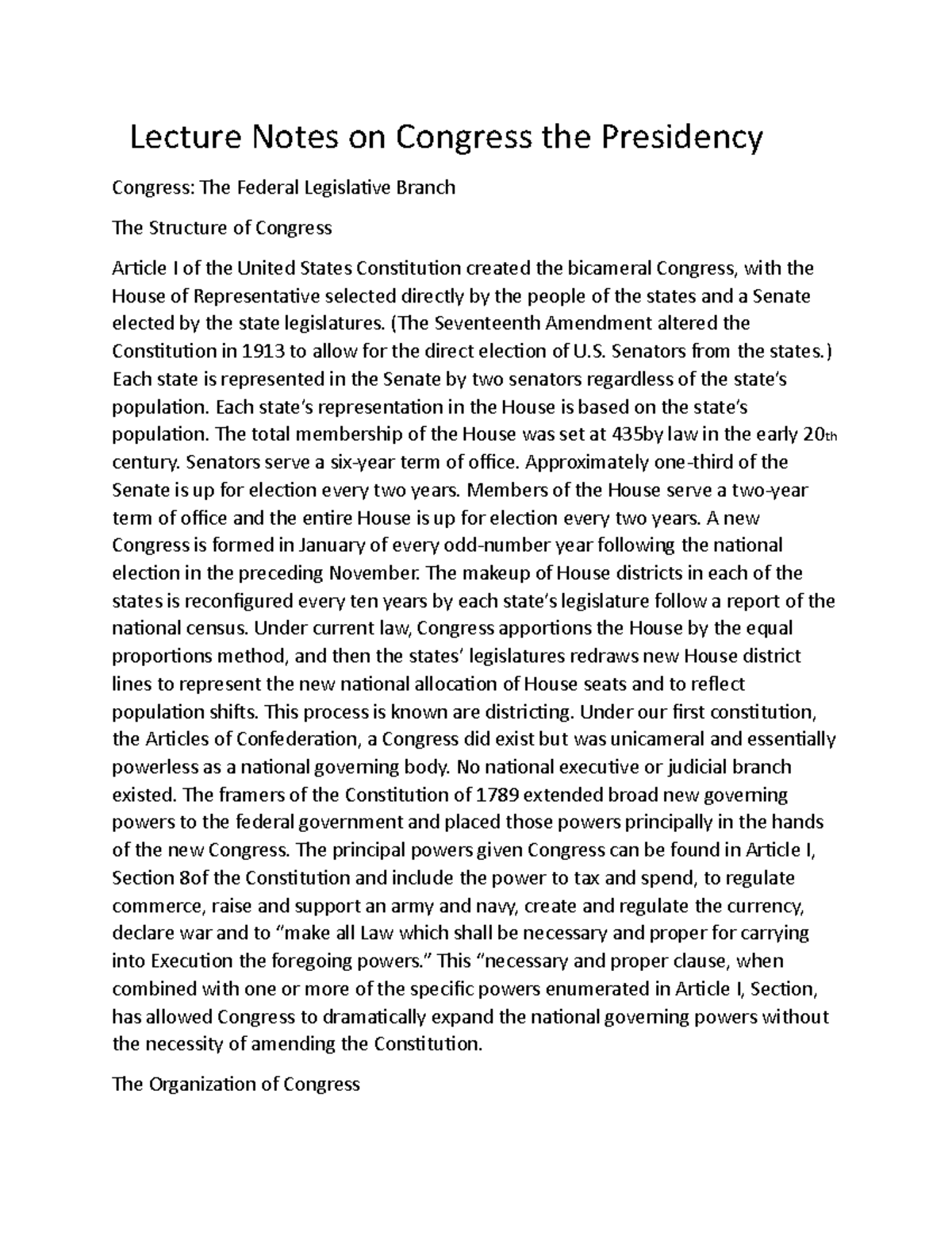 Document 40 - Lecture Notes on Congress and the Presidency - Lecture ...