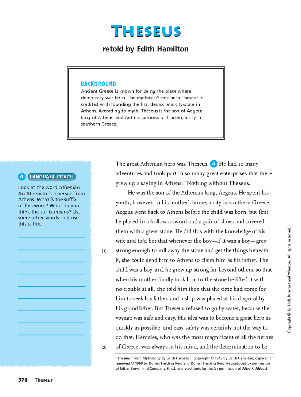 Theseus myth - Yes - “Theseus” from Mythology by Edith Hamilton ...