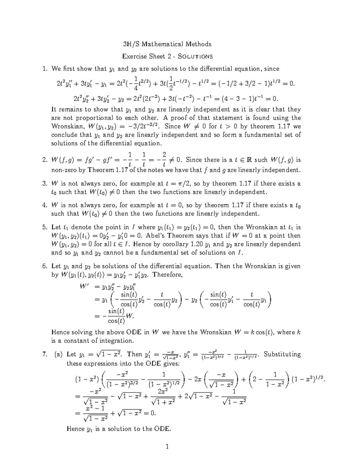 3h Math Meth exsheet 2sol - 3H/S Mathematical Methods Exercise Sheet 2 ...