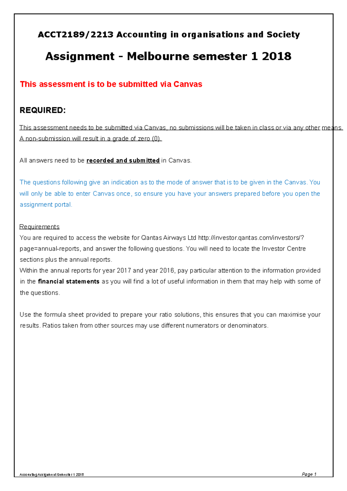 Accounting Assignment - ACCT2189/2213 Accounting in organisations and ...