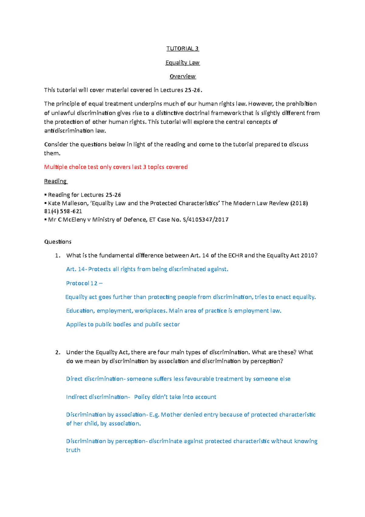 Tutorial 3 Equality Law - TUTORIAL 3 Equality Law Overview This ...