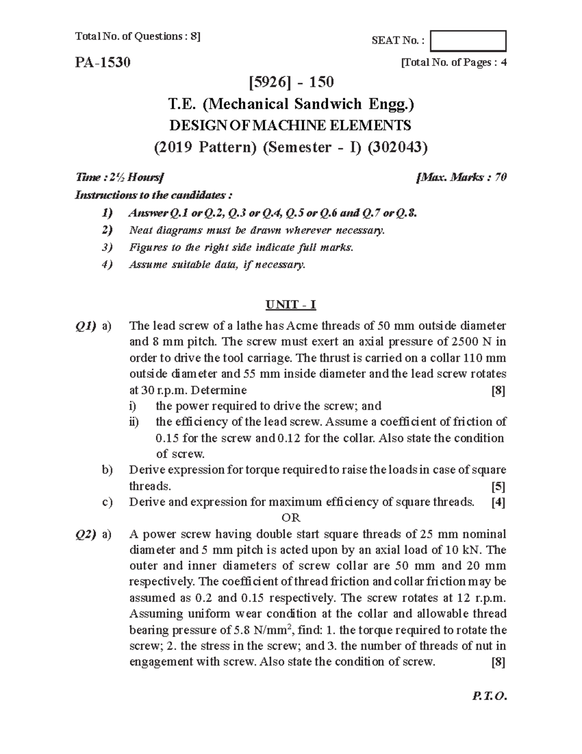 Dme back 1 - QUESTION PAPER - Total No. of Questions : 8] [Total No. of ...