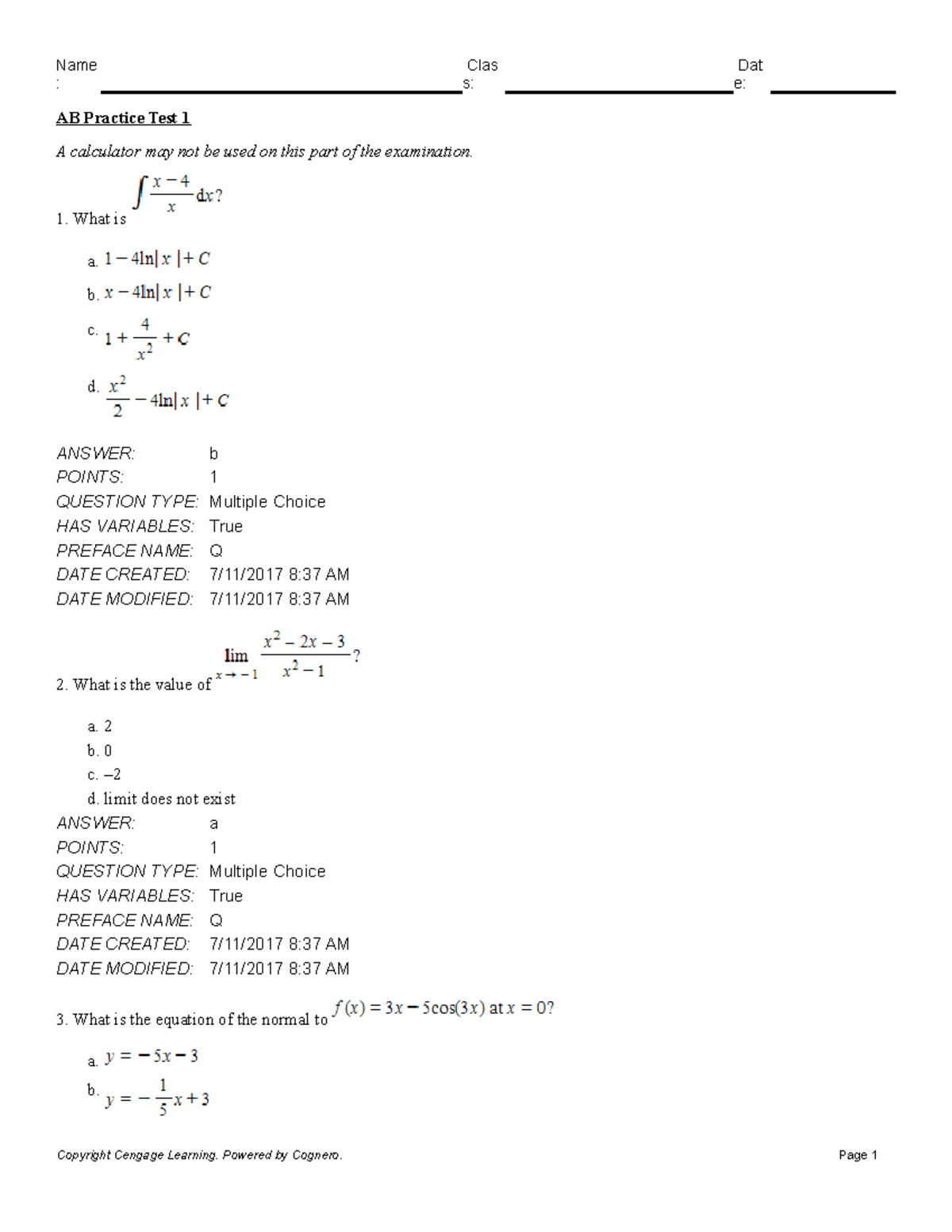 AB Practice Test 1 - : s: e: AB Practice Test 1 A calculator may not be ...