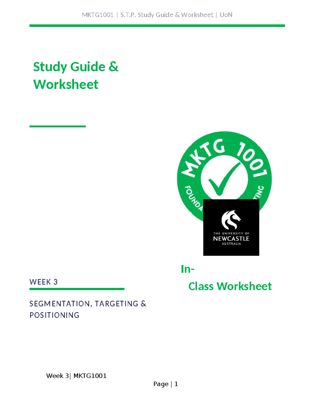MKTG1001 Week 3 Workbook 2024 - In- Class Worksheet Week 3| MKTG WEEK 3 ...