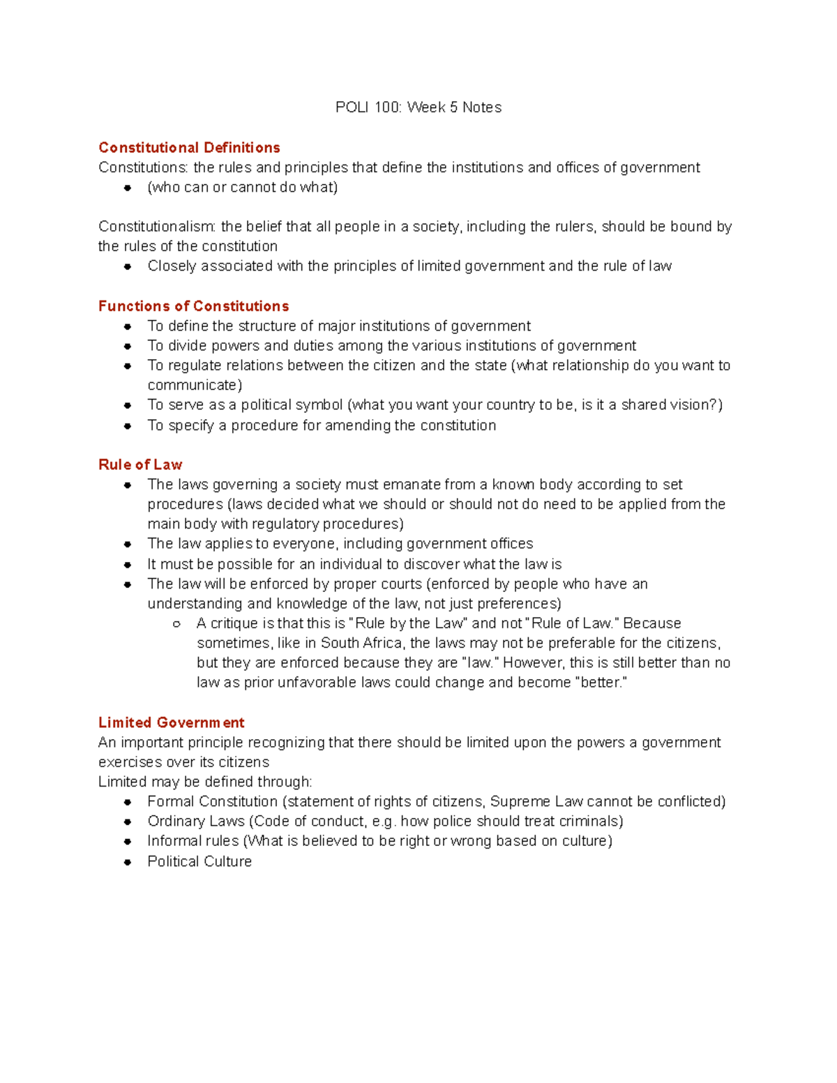 POLI 100 Week 5 Notes - POLI 100: Week 5 Notes Constitutional ...