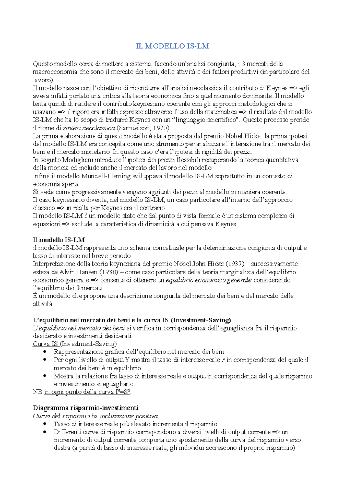 Modello IS-LM - IL MODELLO IS-LM Questo modello cerca di mettere a ...