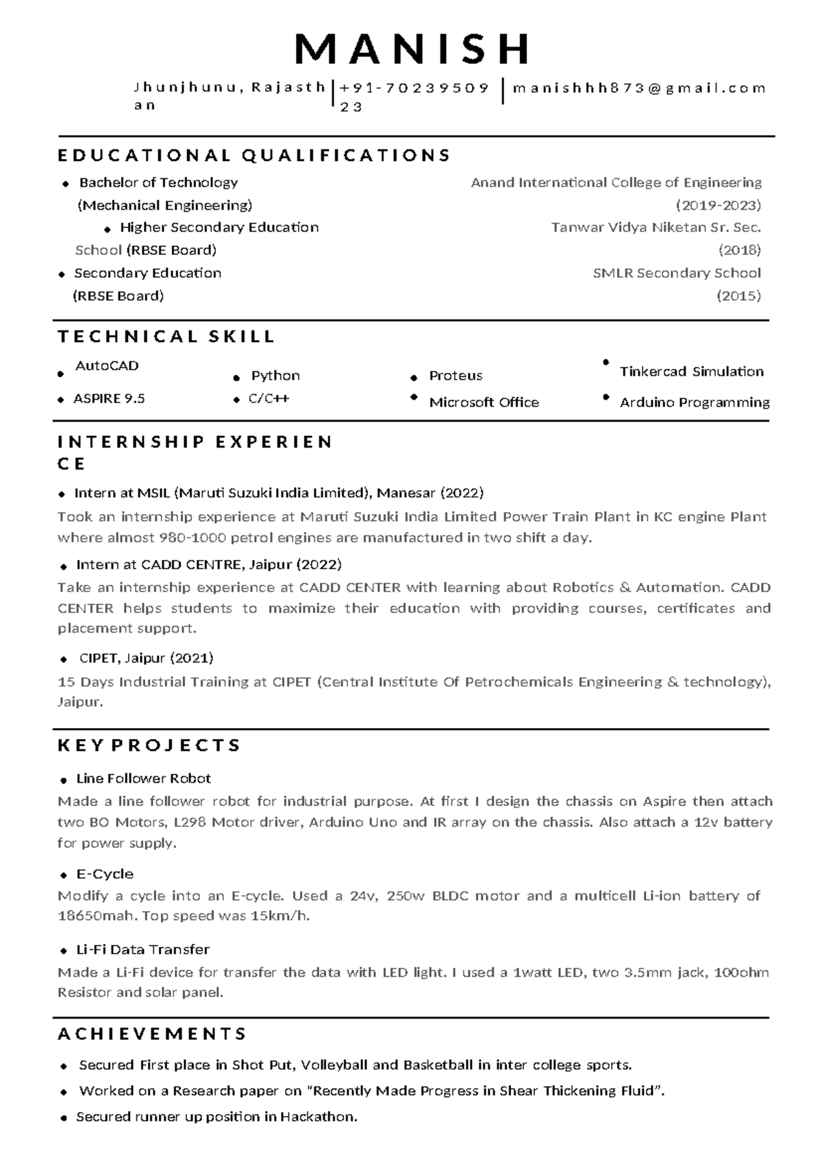 Manish Resume - fszdfzs - M A N I S H J h u n j h u n u , R a j a s t h a n + 9 1 - 7 0 2 3 9 5 ...